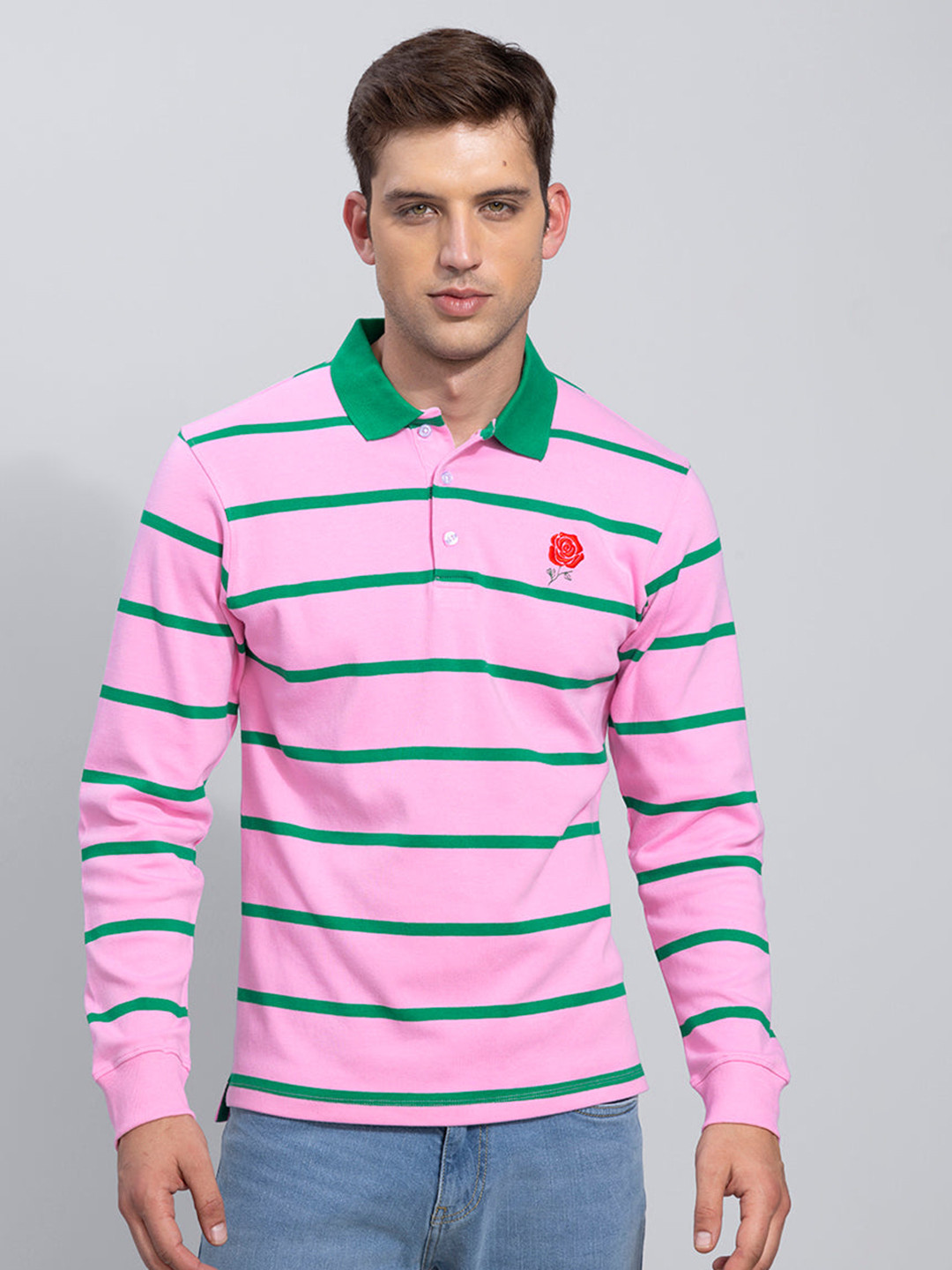 Buy Snitch Pink & Green Striped Long Sleeve Cotton Polo T Shirt ...