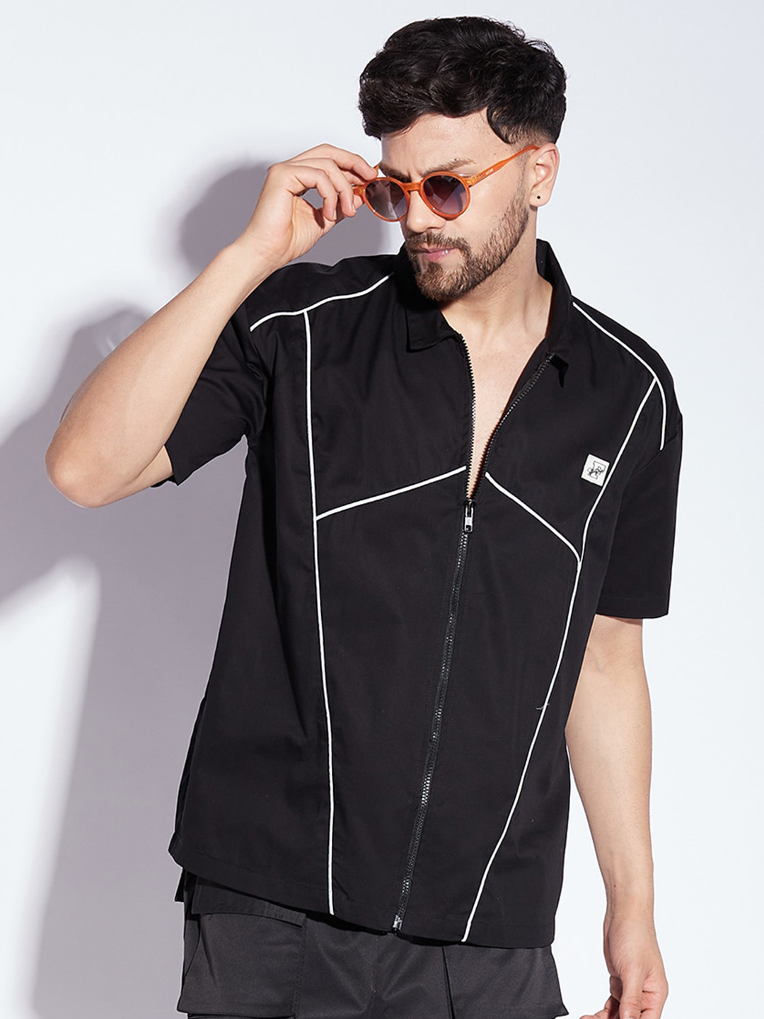Buy FUGAZEE Reflective Piping Relaxed Boxy Twill Casual Cotton Shirt ...