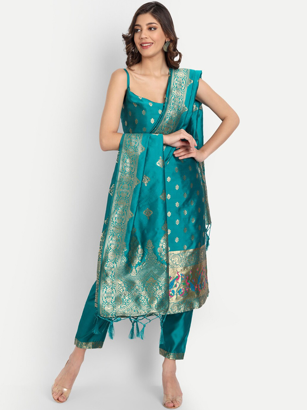 Buy KALINI Shoulder Straps Woven Design Kurta With Trousers & With ...