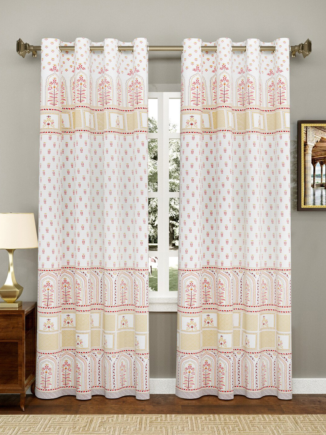 Buy Sangria 2 Pcs White & Red Printed Pure Cotton Door Curtains ...