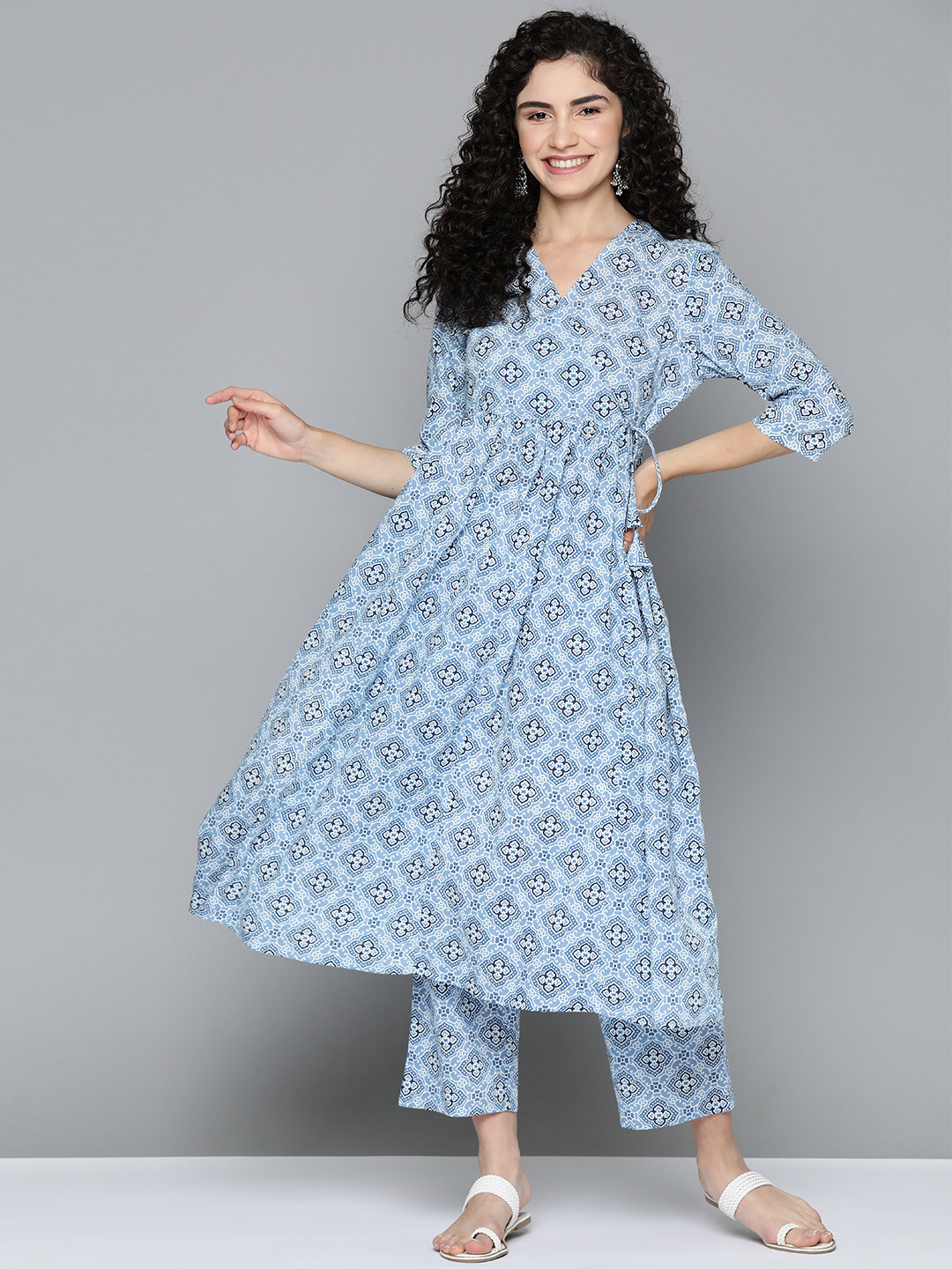 Buy HERE&NOW Ethnic Motifs Printed Angrakha Pure Cotton Kurta With ...