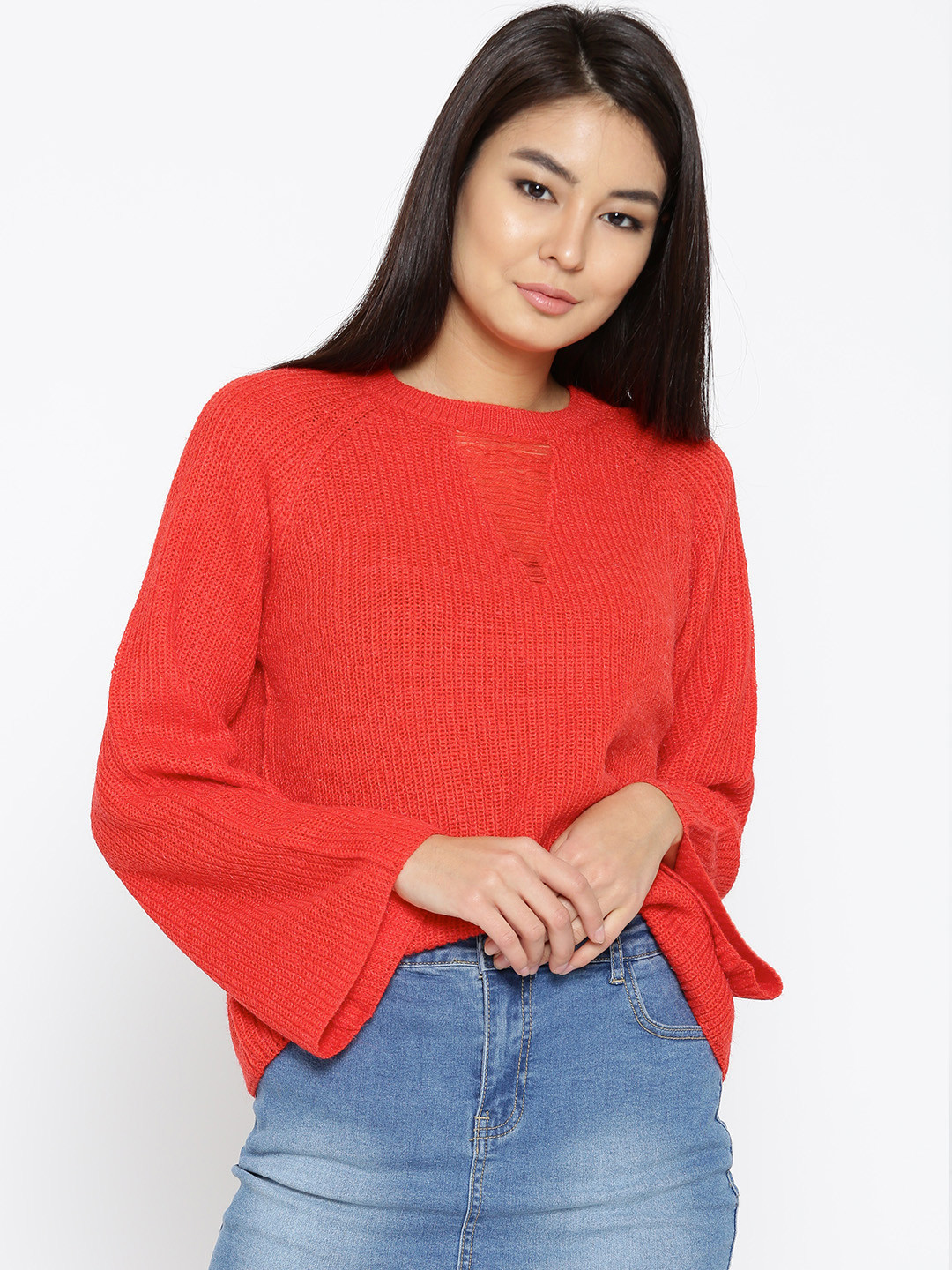 Buy ONLY Women Red Ribbed Pullover - Sweaters for Women 2331081 | Myntra