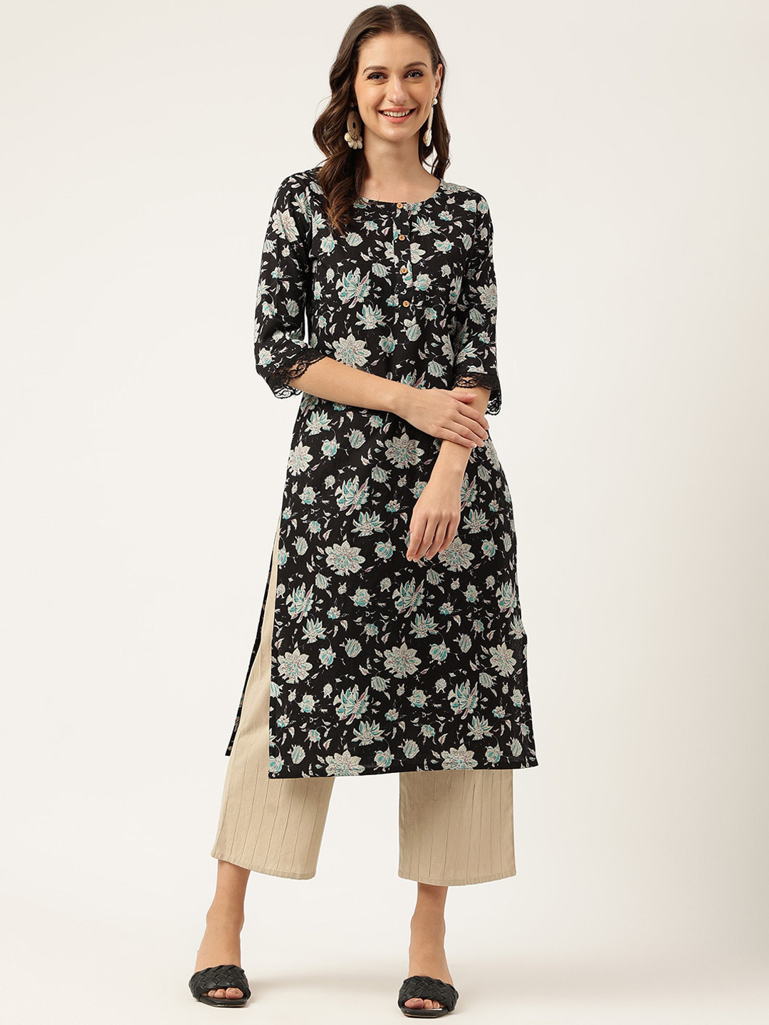 Buy Divena Floral Printed Lace Detail Cotton Kurta - Kurtas for Women ...