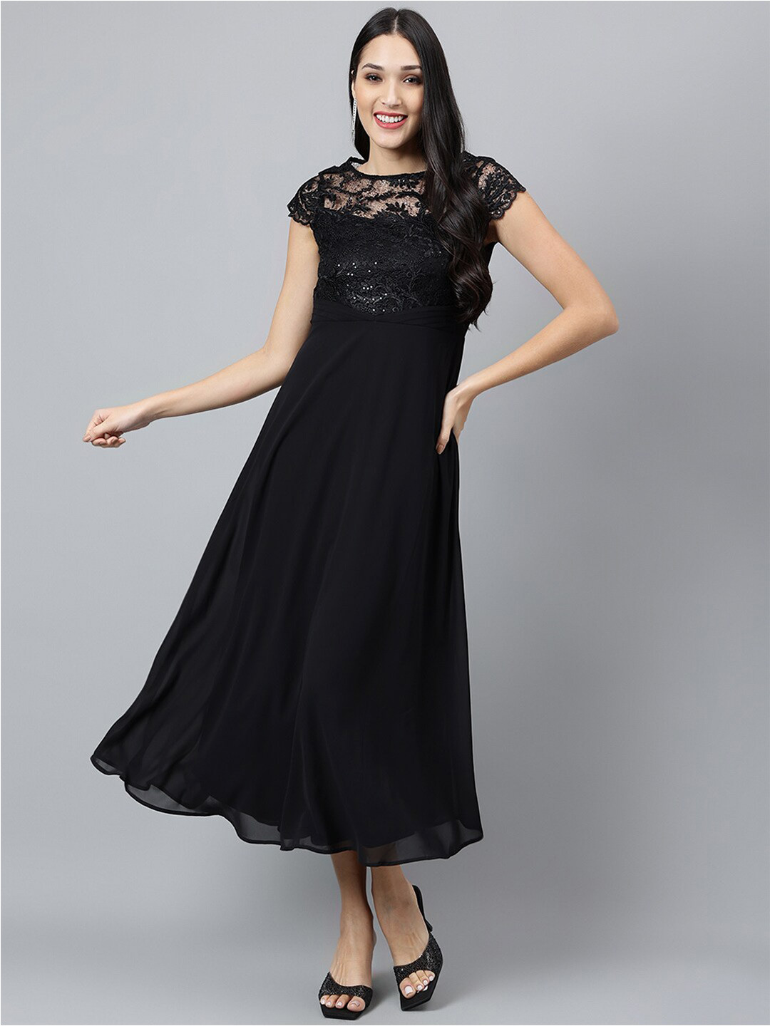 Buy Latin Quarters Embellished Cap Sleeves Fit & Flare Maxi Dress ...