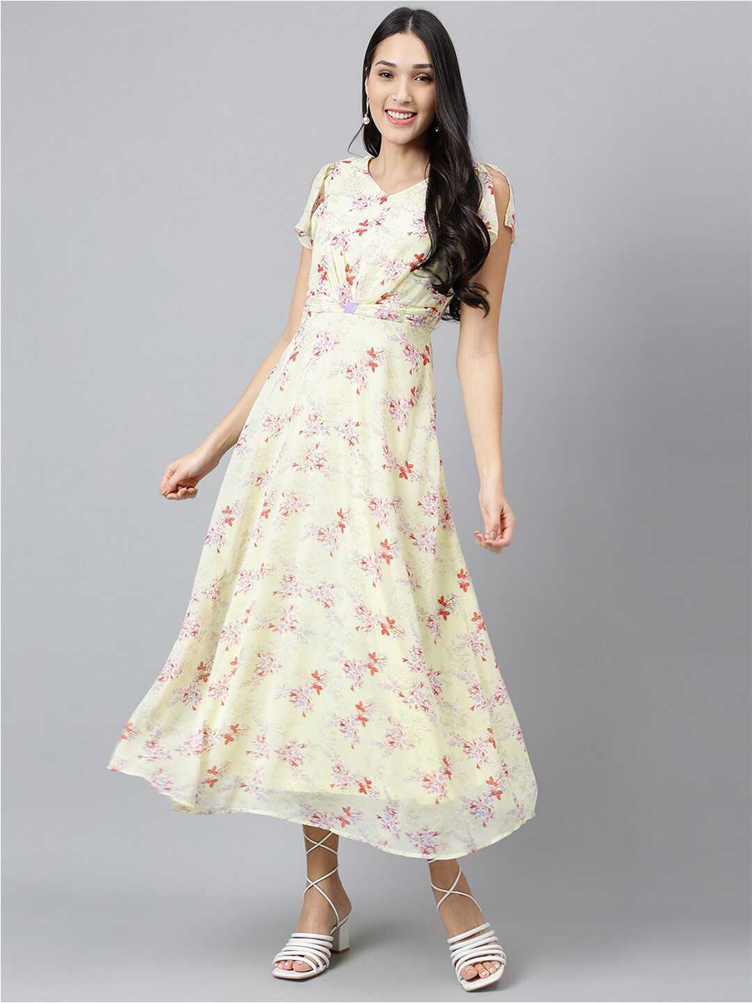 Buy Latin Quarters Floral Printed Slit Sleeves Polyester Fit & Flare ...