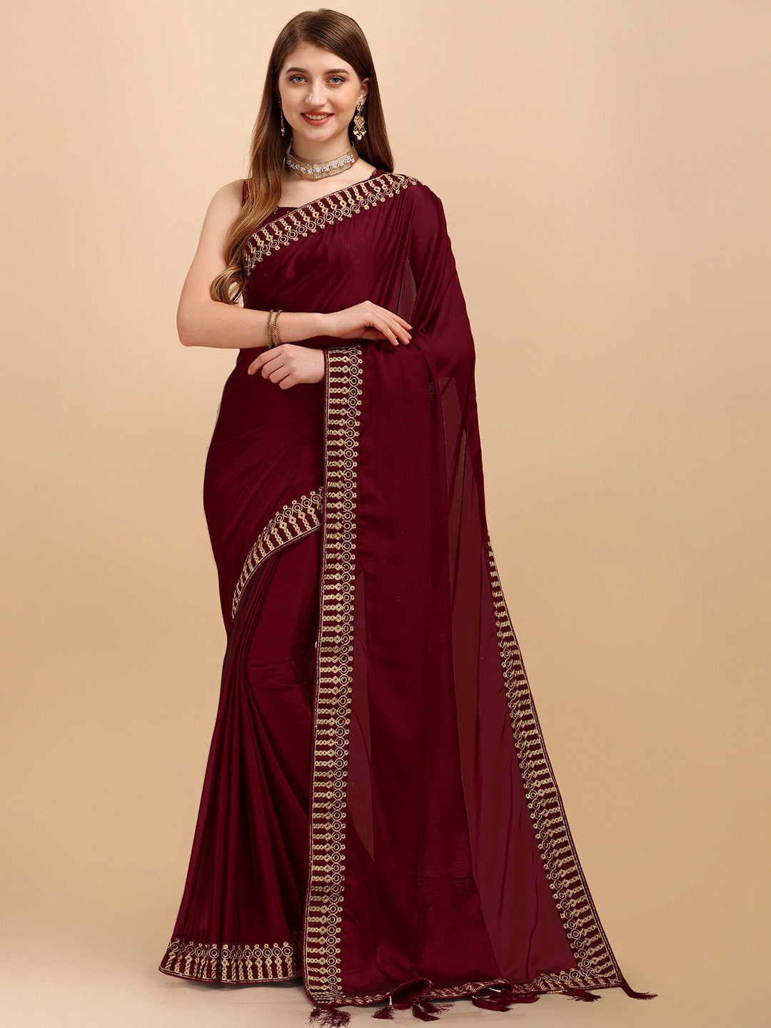 Buy Mitera Maroon & Gold Toned Embroidered Silk Cotton Saree - Sarees ...