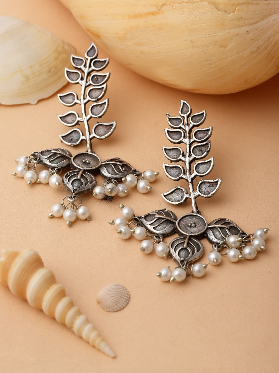 Buy PANASH Silver Plated Pearls Oxidised Leaf Shaped Drop Earrings ...