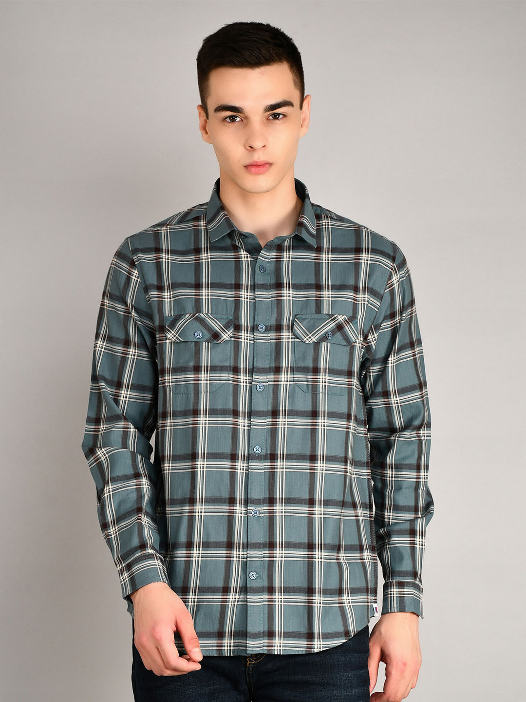Buy TIM PARIS Spread Collar Long Sleeves Standard Tartan Checked Casual ...