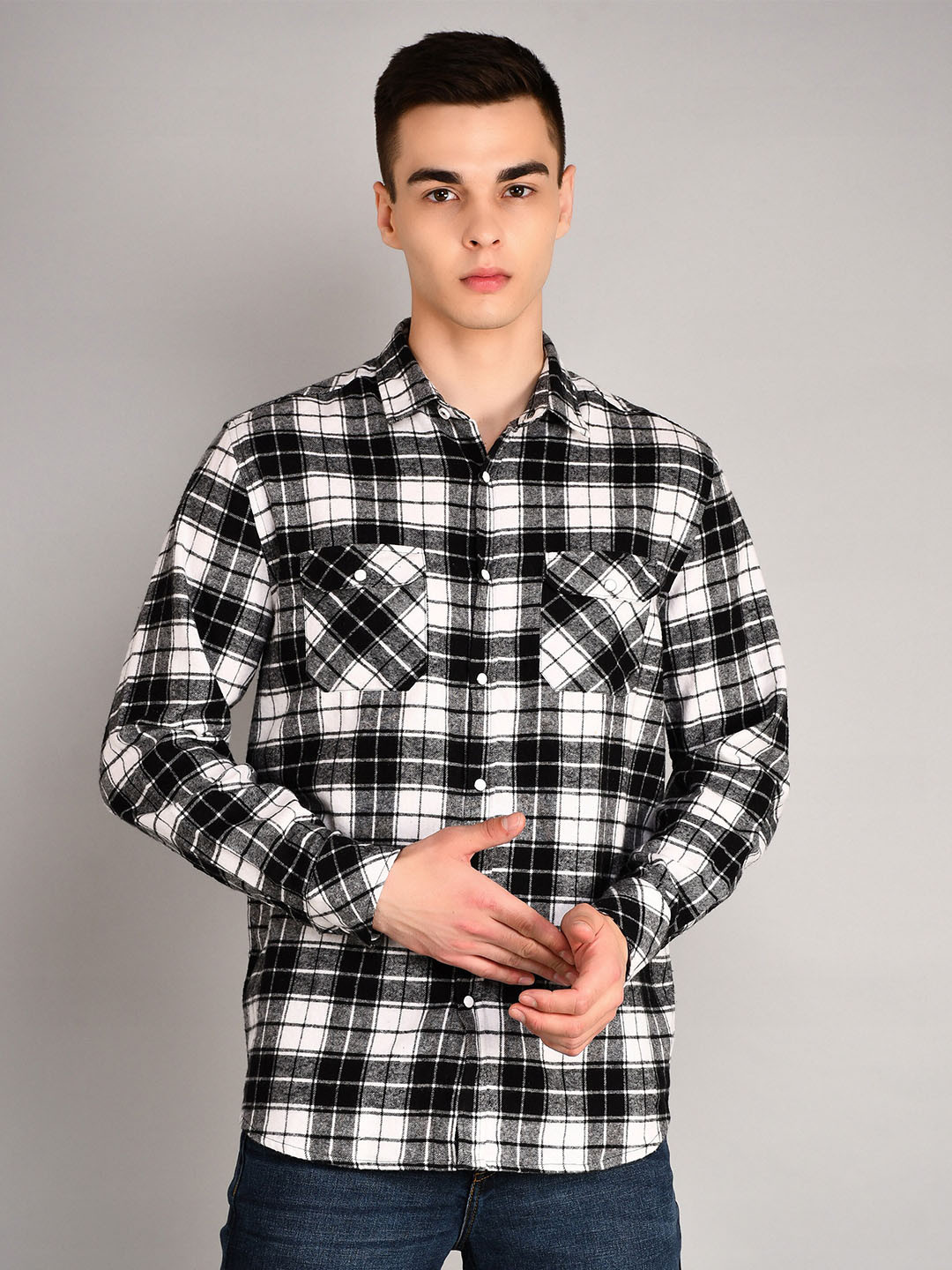 Buy TIM PARIS Spread Collar Long Sleeves Standard Tartan Checked Casual ...