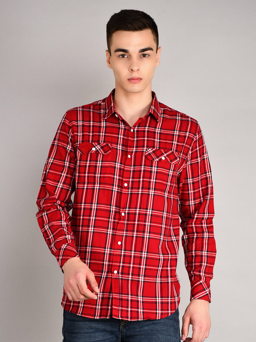 Buy TIM PARIS Spread Collar Long Sleeves Standard Tartan Checked Casual ...