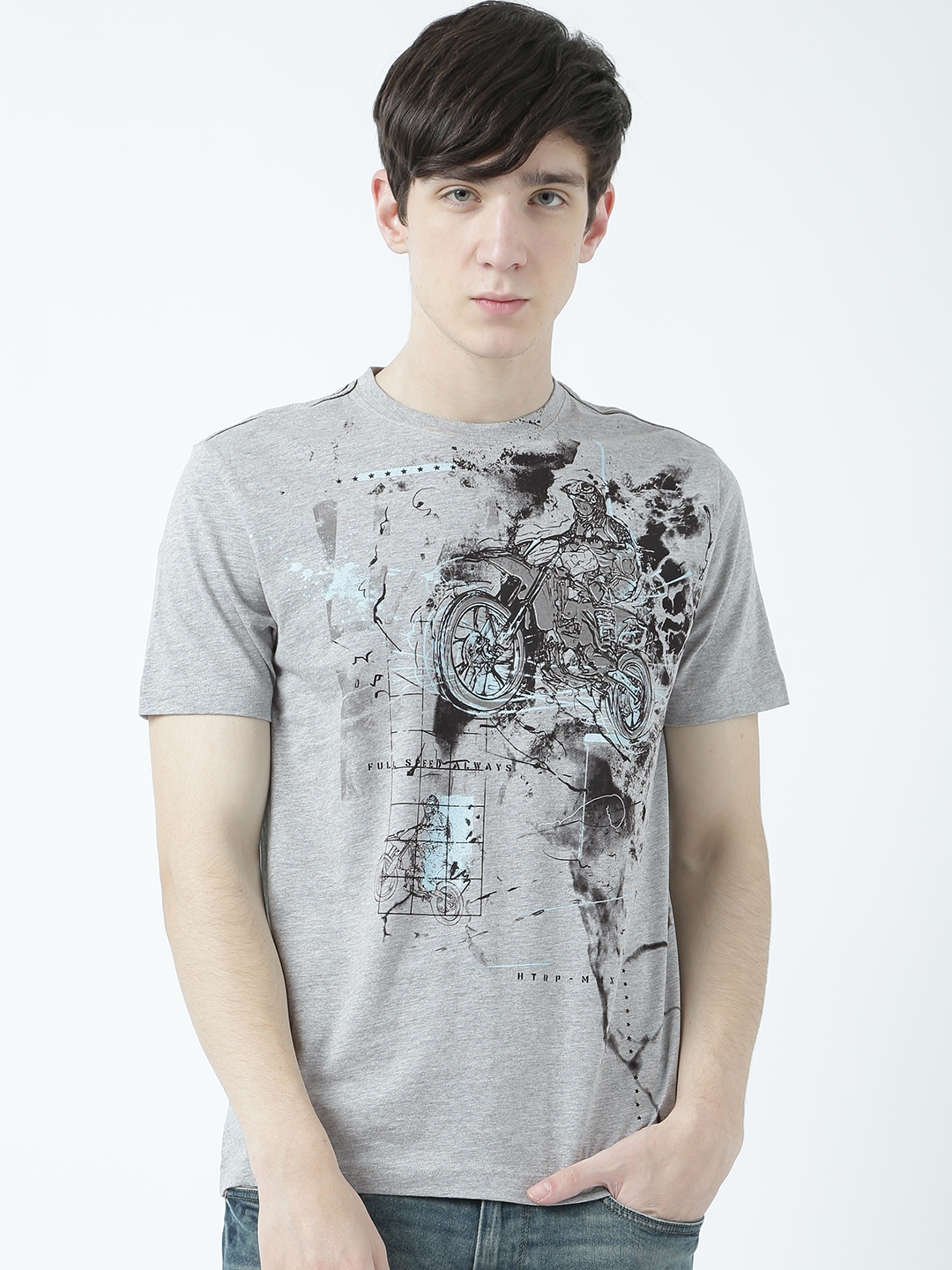 Buy Huetrap Men Grey Melange Printed Round Neck T Shirt Tshirts For