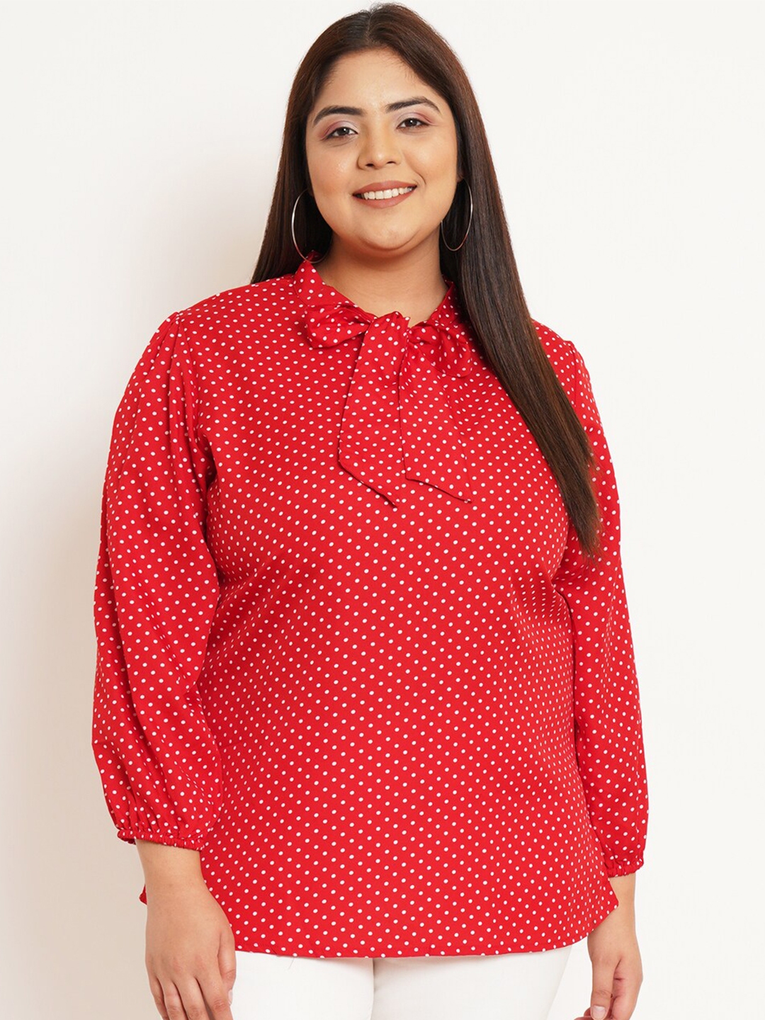 Buy Uandf Beyond Plus Size Polka Dot Printed Tie Up Neck Cuff Sleeves
