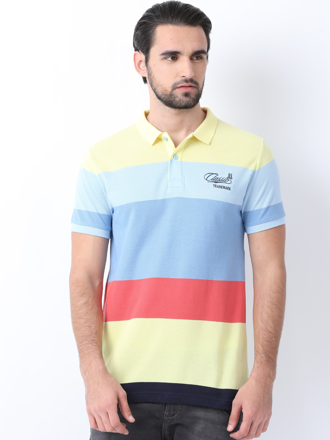 Buy Classic Polo Men Multicoloured Striped Polo Collar T Shirt ...