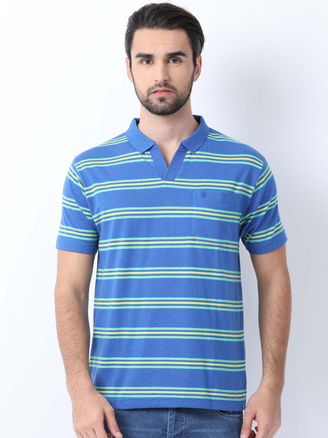 Buy Classic Polo Men Blue Striped Slim Fit Polo Collar T Shirt ...