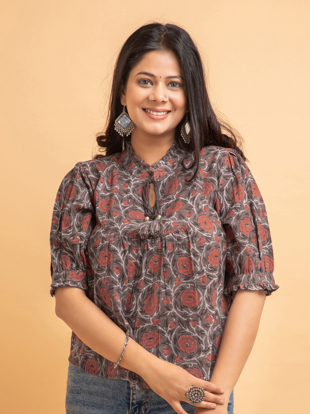 Buy SUTI Print Mandarin Collar Cotton Shirt Style Top - Tops for Women ...