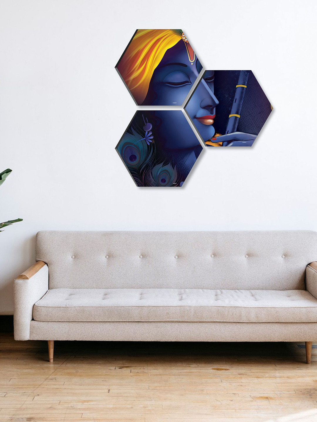 Buy SAF Navy Blue & Yellow 3 Pieces Lord Krishna Printed UV Coating ...