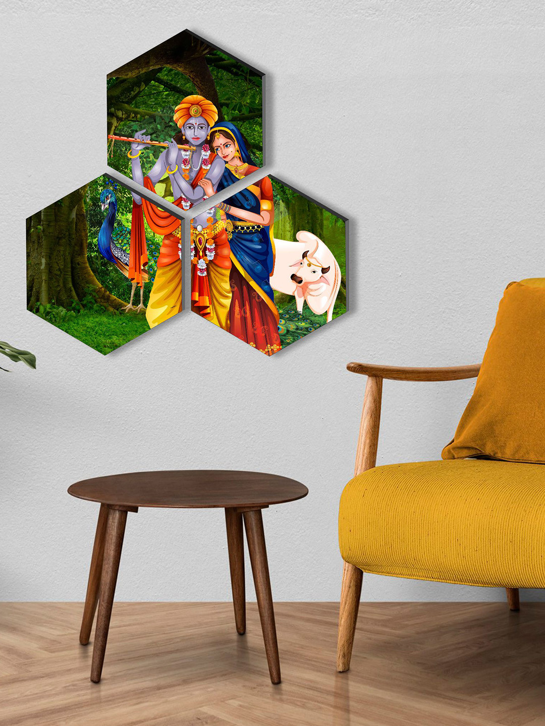 Buy SAF Green & Blue 3 Pieces Lord Krishna Printed UV Coating Wall Art ...