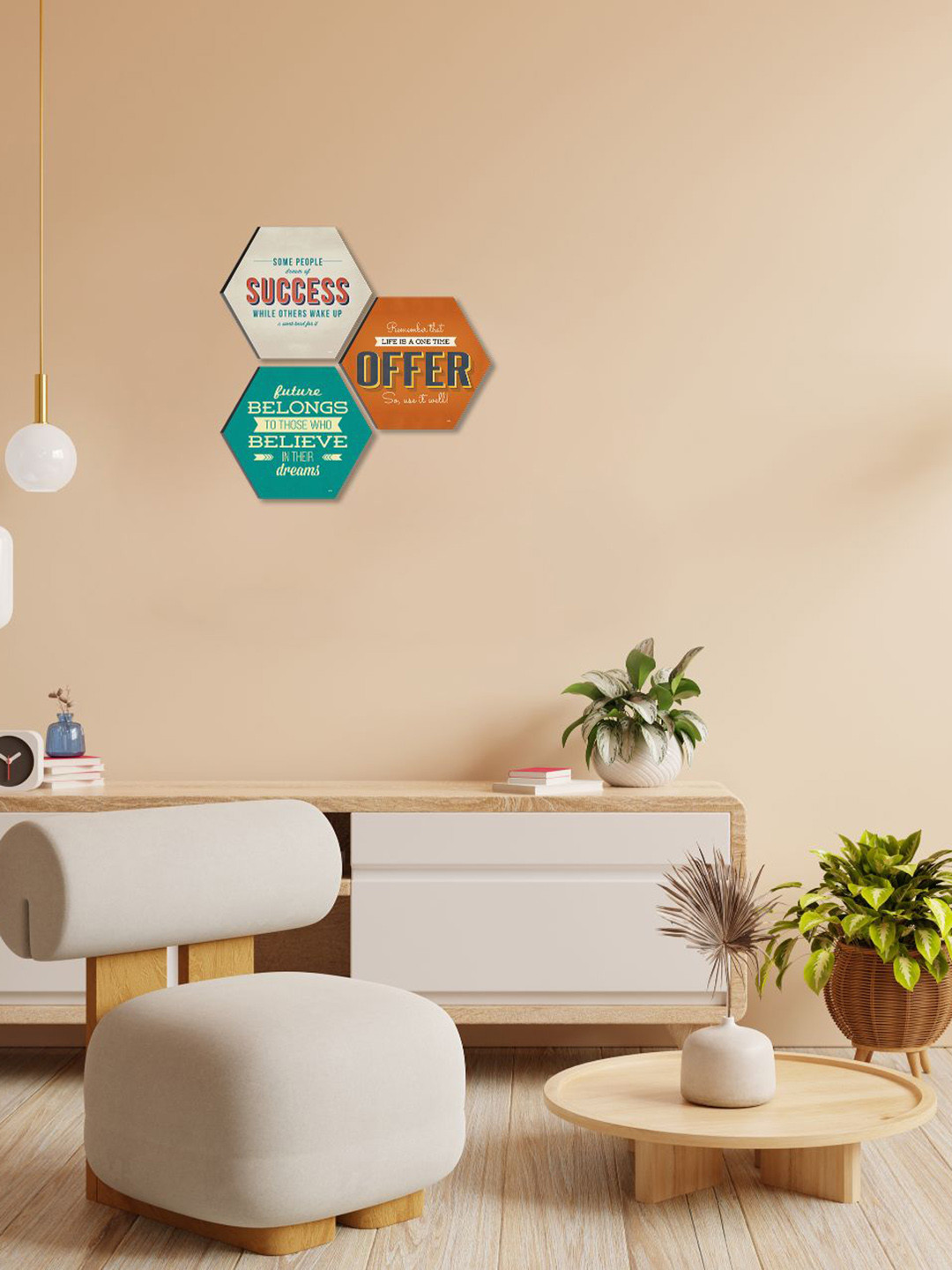 Buy SAF Beige & Orange 3 Pieces Motivational Quote Painting Hexagon UV ...