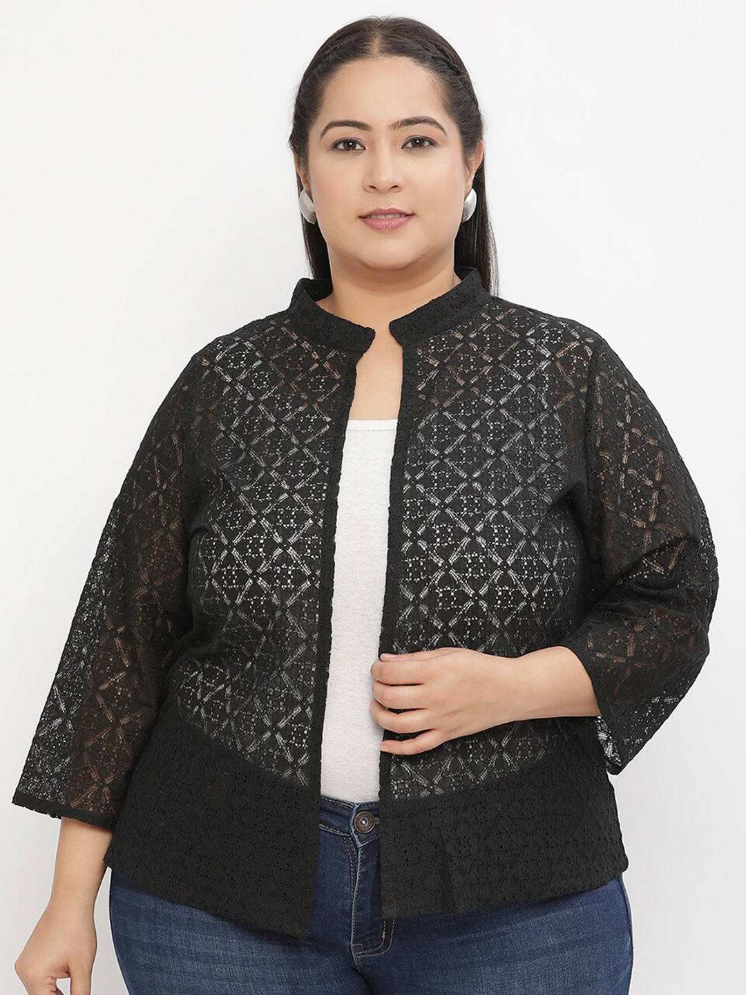 Buy UnaOne Women Self Design Lace Cotton Open Front Collared Shrug ...