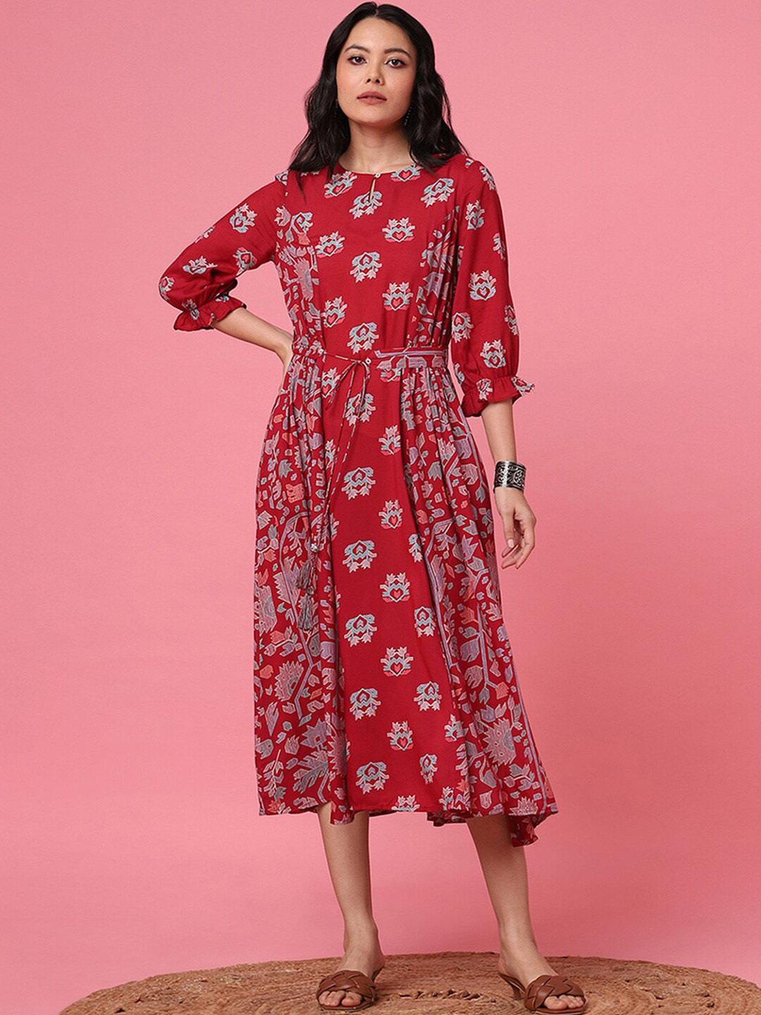 Buy Marigold Lane Ethnic Motifs Printed A Line Midi Dress With Belt ...