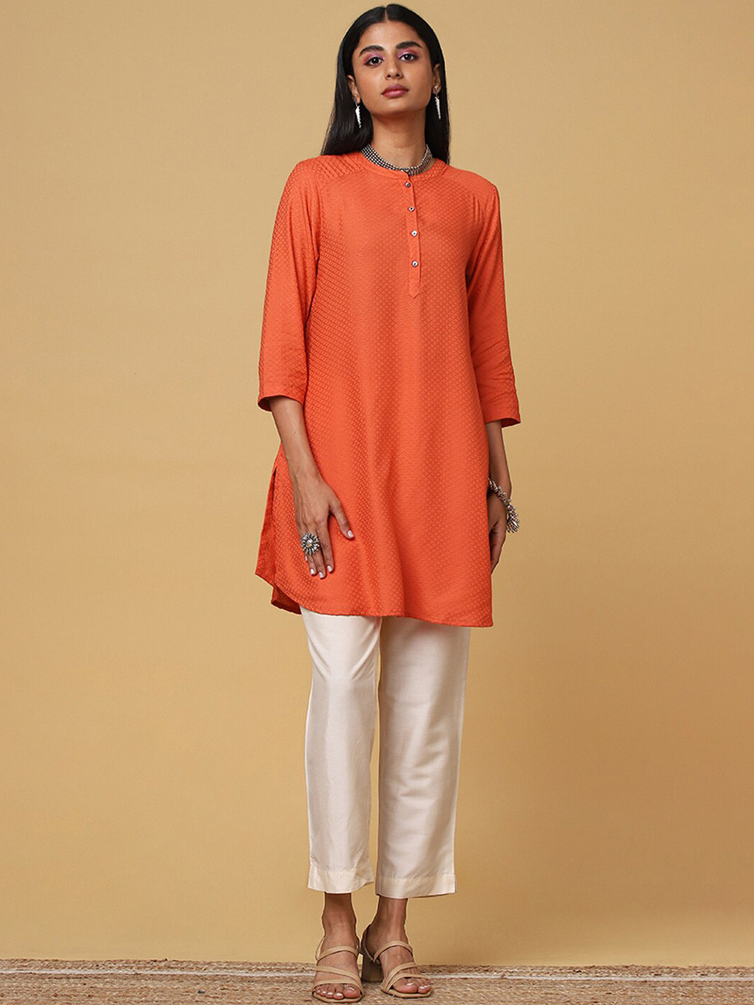 Buy Marigold Lane Geometric Woven Design Mandarin Collar Tunic - Tunics ...