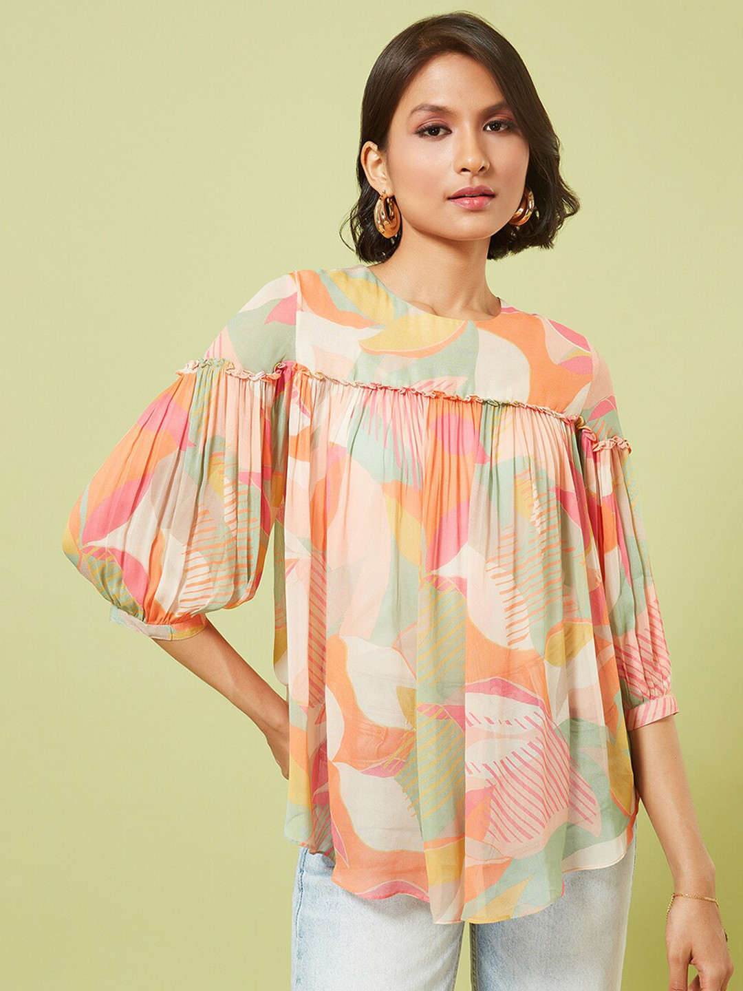 Buy Marigold Lane Floral Printed Cuff Sleeves Top - Tops for Women ...