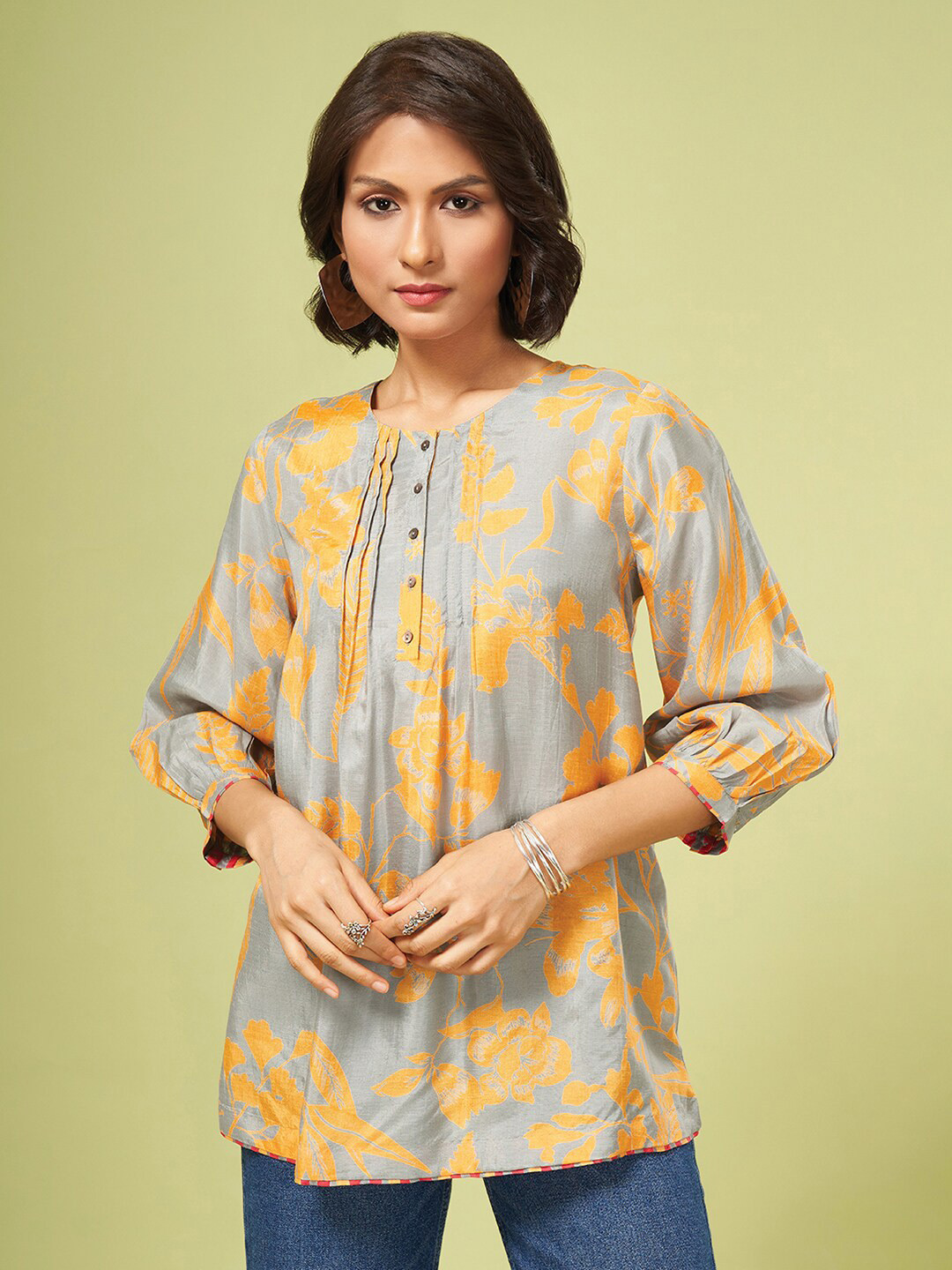 Buy Marigold Lane Floral Printed Mandarin Collar Puffed Sleeves Cotton ...