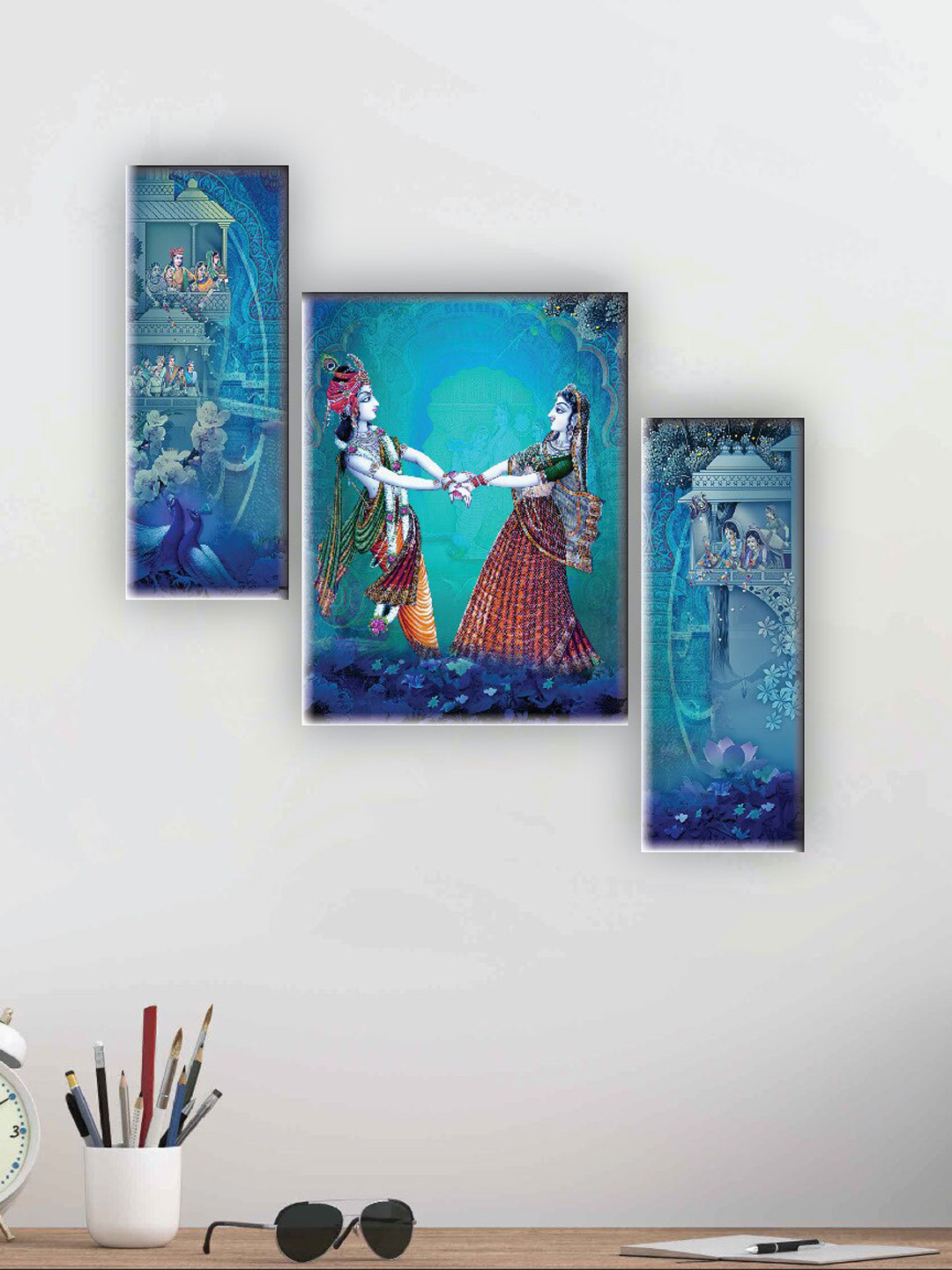 Buy SAF Blue 3 Pieces Radha Krishna Digital Reprinted Wall Art - Wall ...