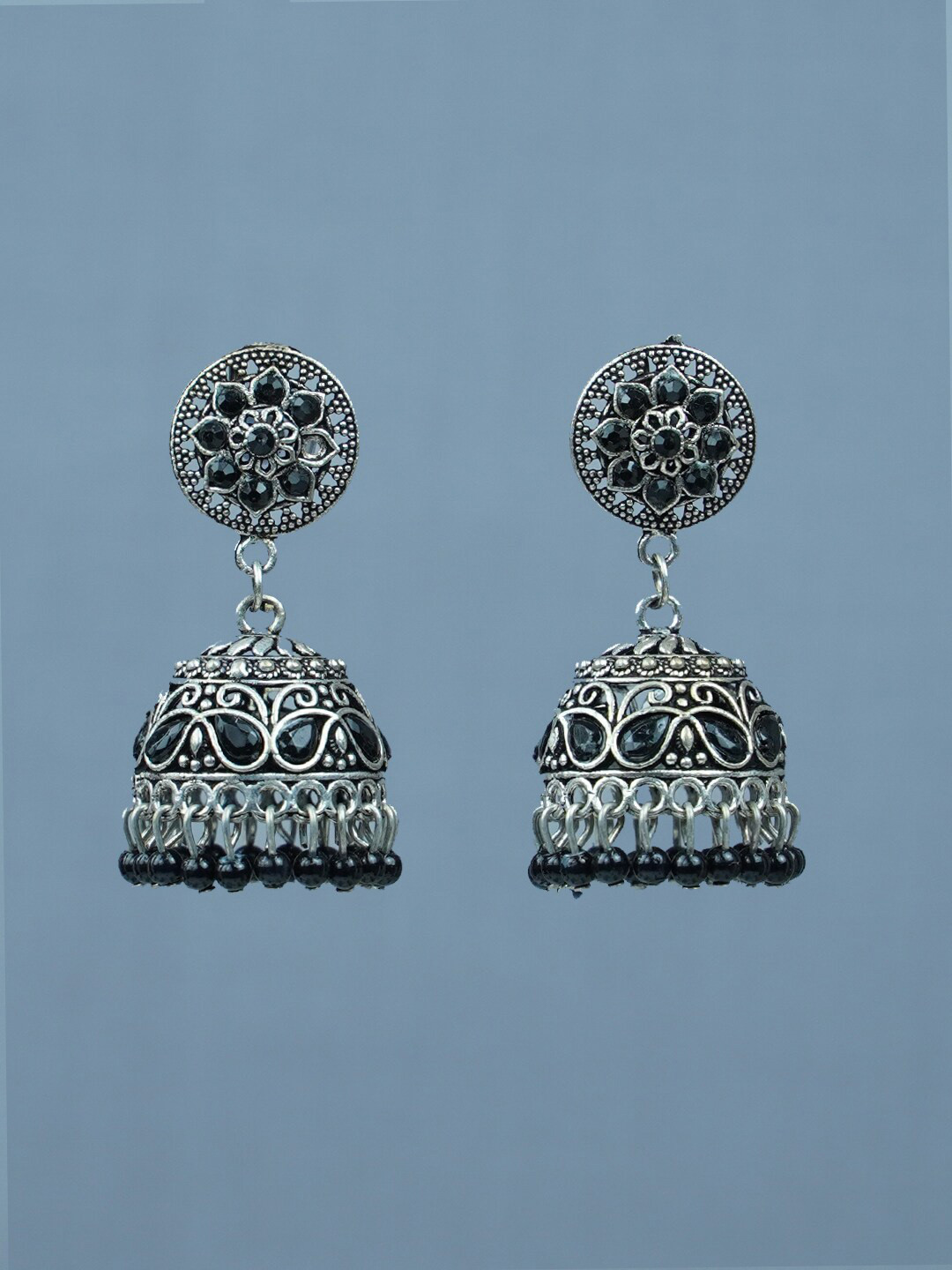 Buy Diksha Collection Silver Plated Stone Studded And Beaded Jhumkas ...