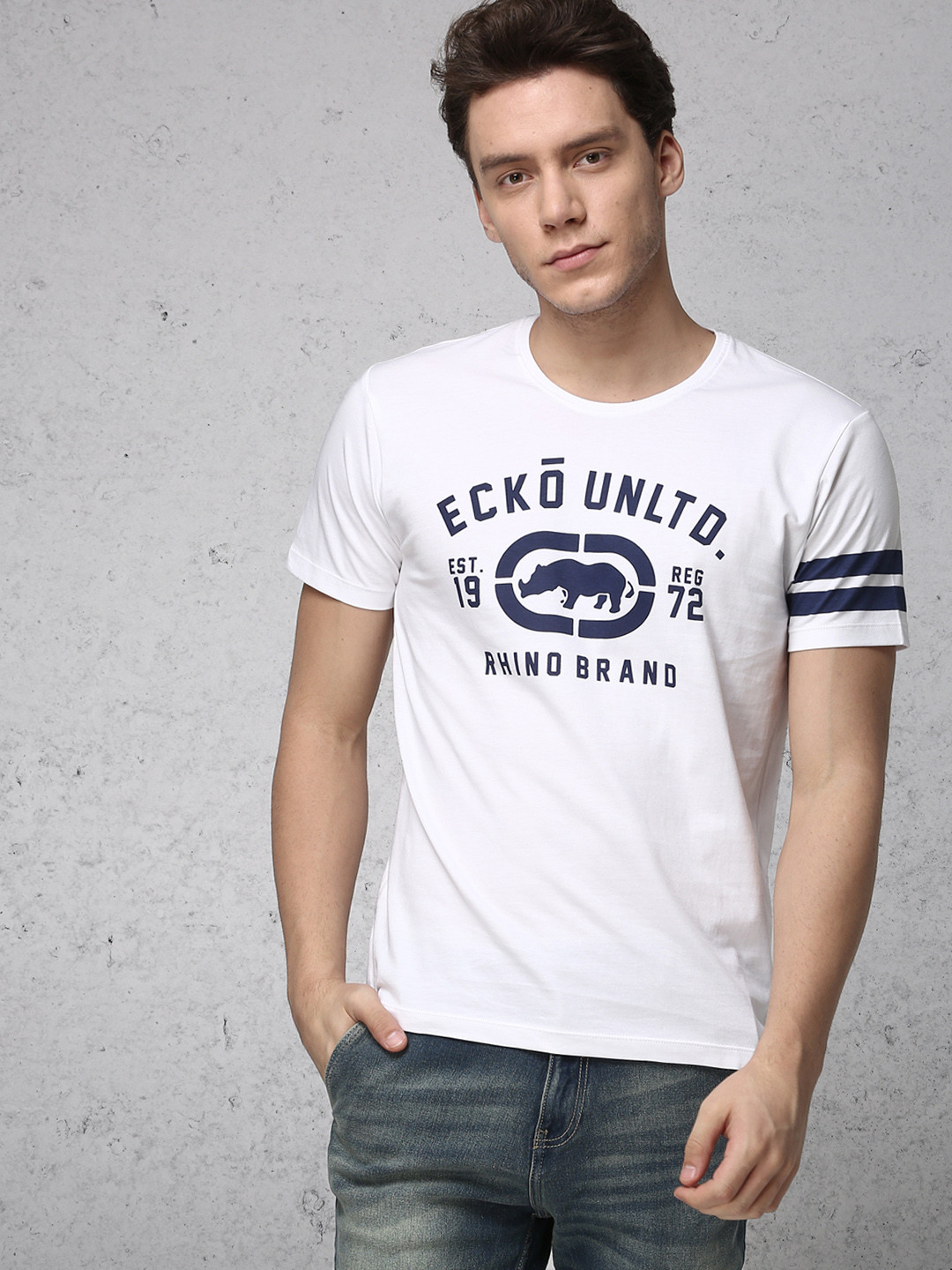 Buy Ecko Unltd Men White Printed Round Neck Pure Cotton T Shirt ...