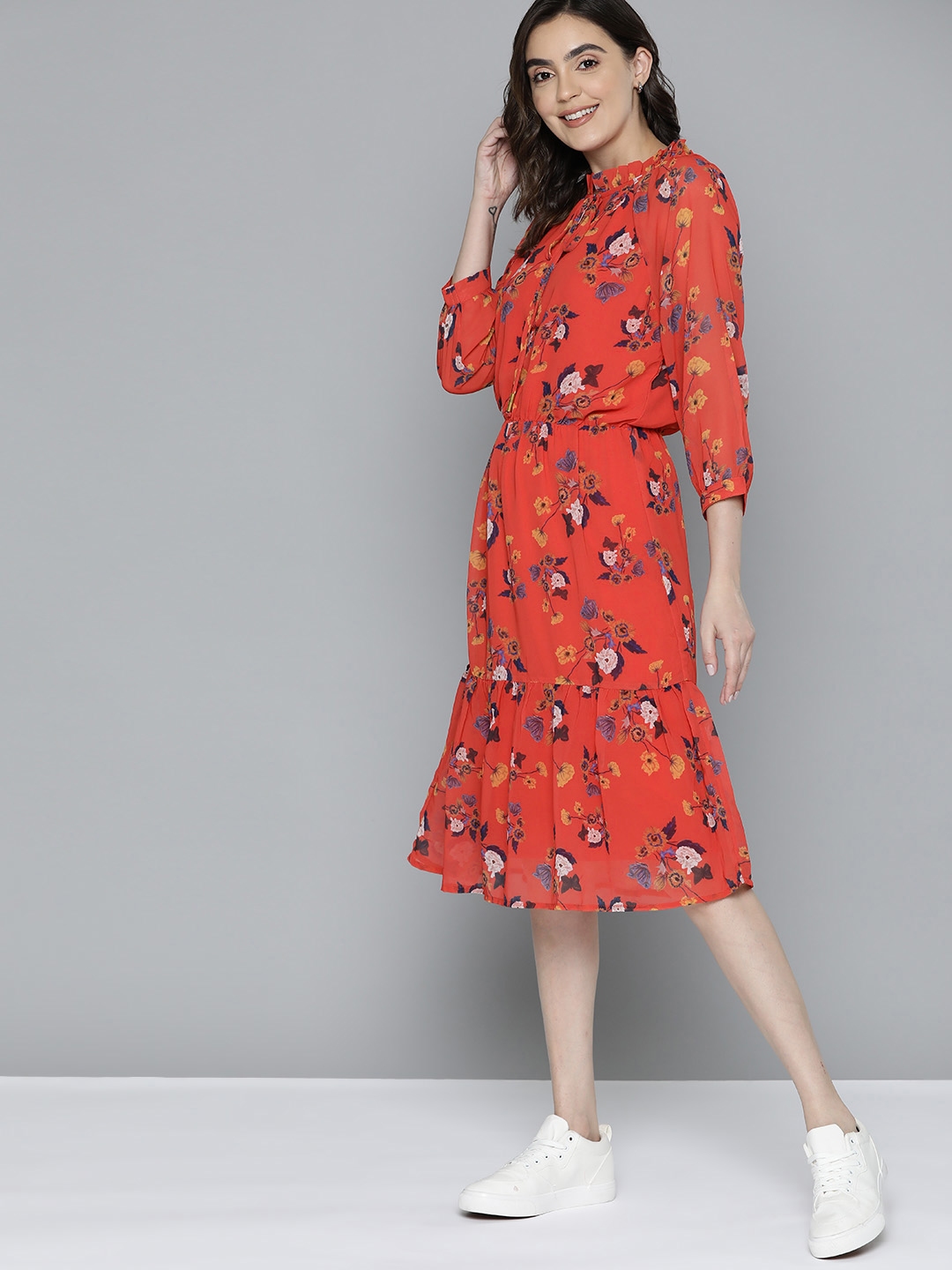 Buy Mast And Harbour Floral Print Tie Up Neck Puff Sleeves A Line Dress