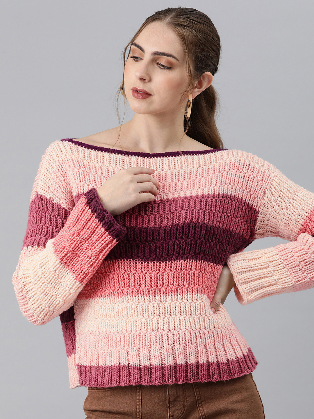 Buy Magic Needles Women Self Design Striped Acrylic Pullover - Sweaters ...