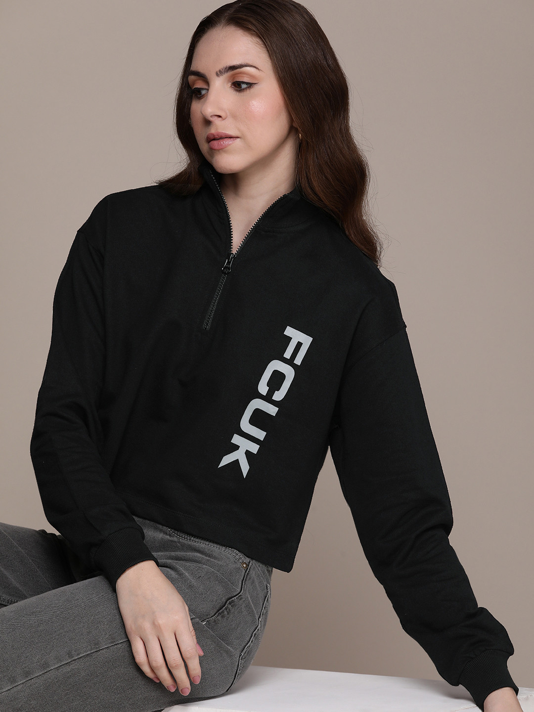Buy FCUK Brand Logo Printed Crop Sweatshirt - Sweatshirts for Women ...