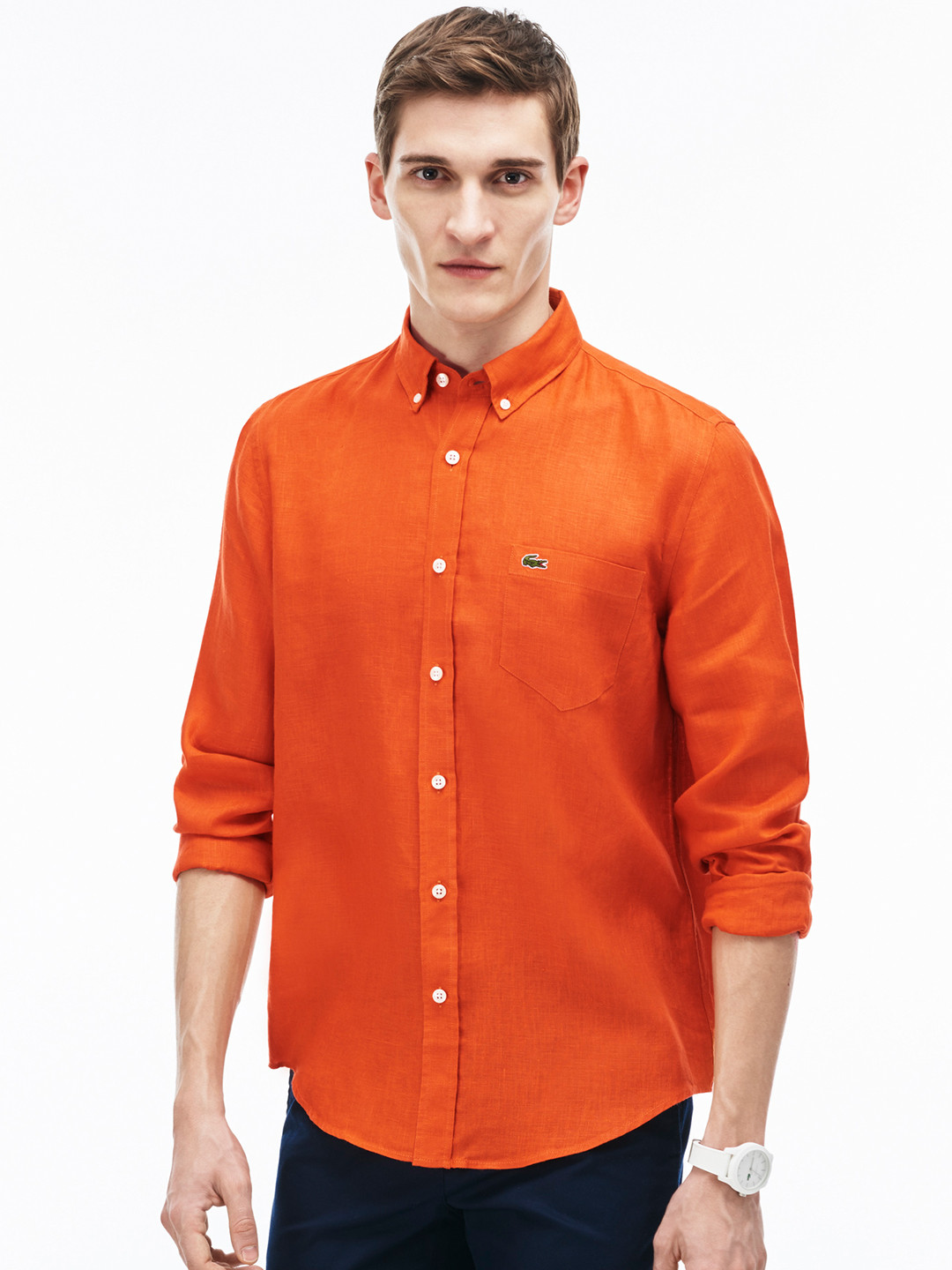 Buy Lacoste Men Orange Linen Solid Casual Shirt - Shirts for Men ...