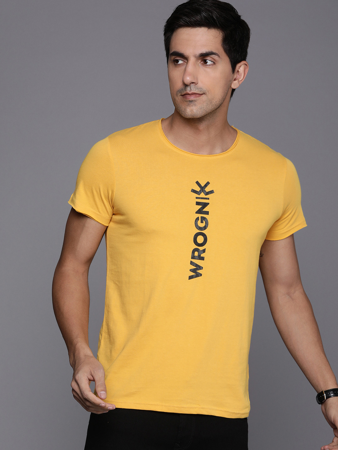 Buy WROGN Men Brand Logo Printed Pure Cotton Slim Fit T Shirt - Tshirts ...