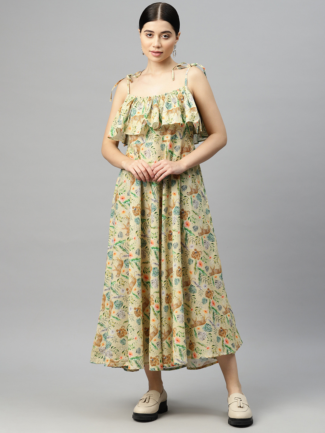 Buy BUTA BUTI Tropical Print Layered A Line Cotton Midi Dress - Dresses ...