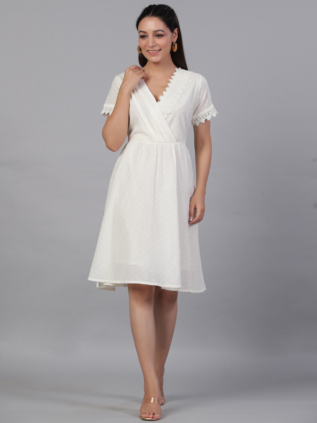 Buy Aadews Self Design Lace Inserts Wrap Cotton Dress - Dresses for ...