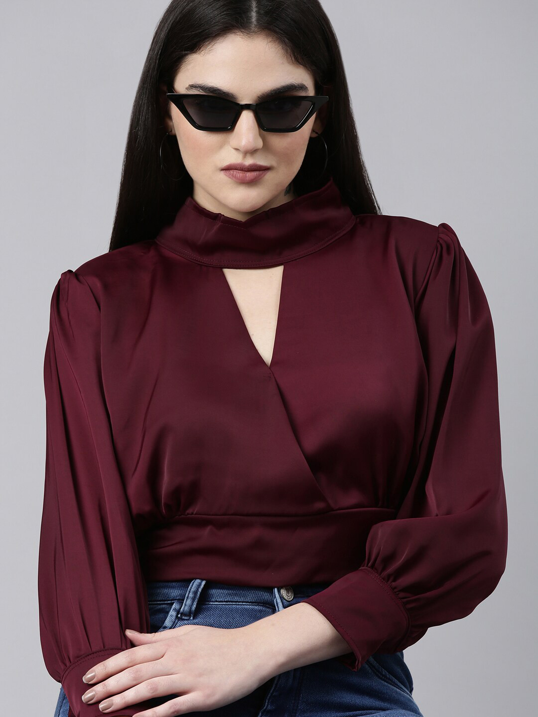 Buy SHOWOFF Keyhole Neck Puff Sleeves Wrap Satin Crop Top - Tops for ...