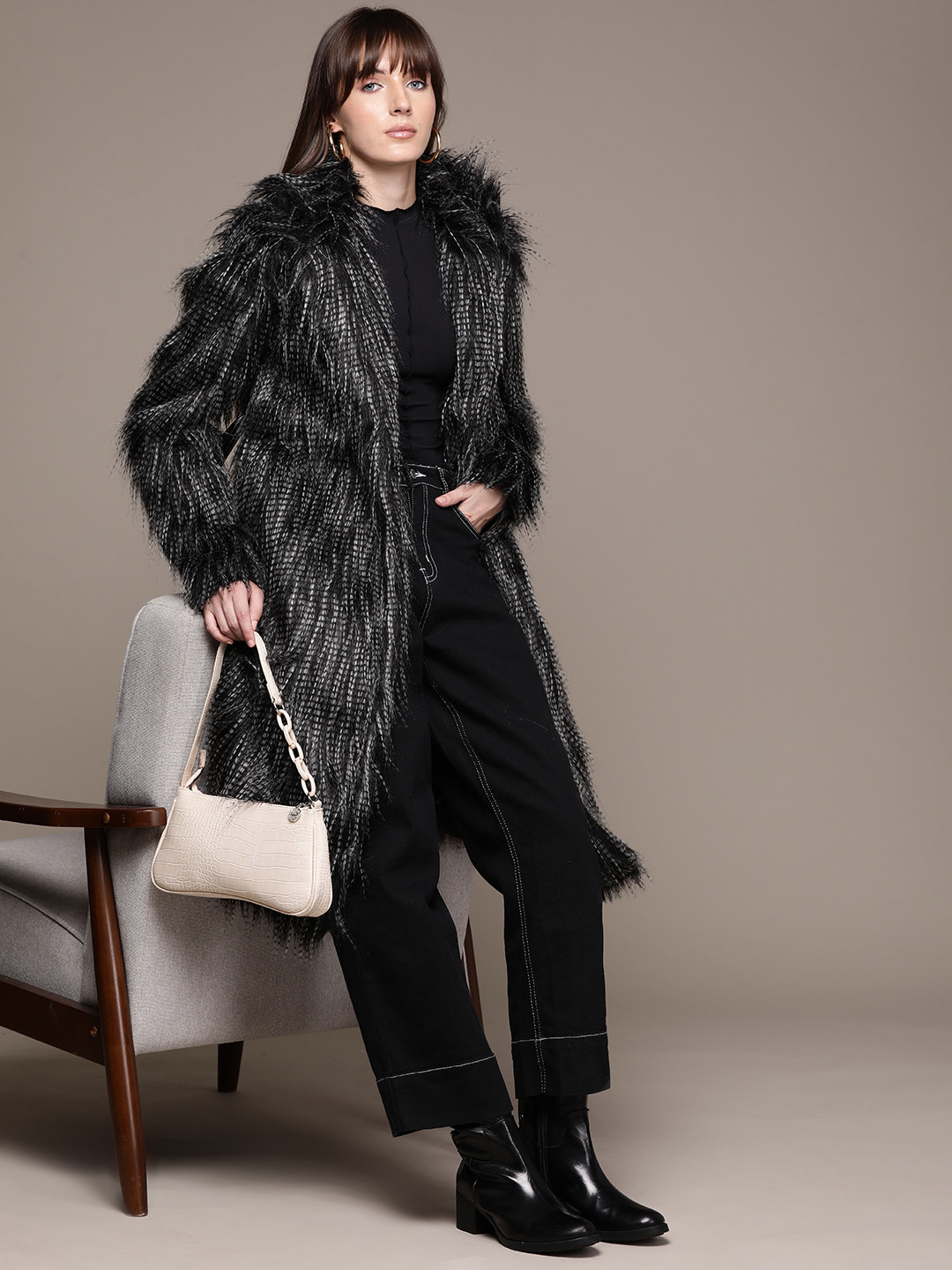 Buy Bebe Women Party Fuax Fur Trim Front Open Longline Overcoat - Coats ...