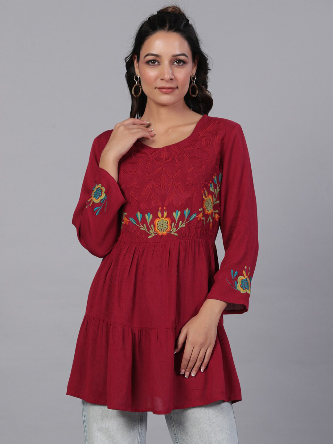 Buy Aadews Floral Embroidered Tiered A Line Tunic - Tunics for Women ...