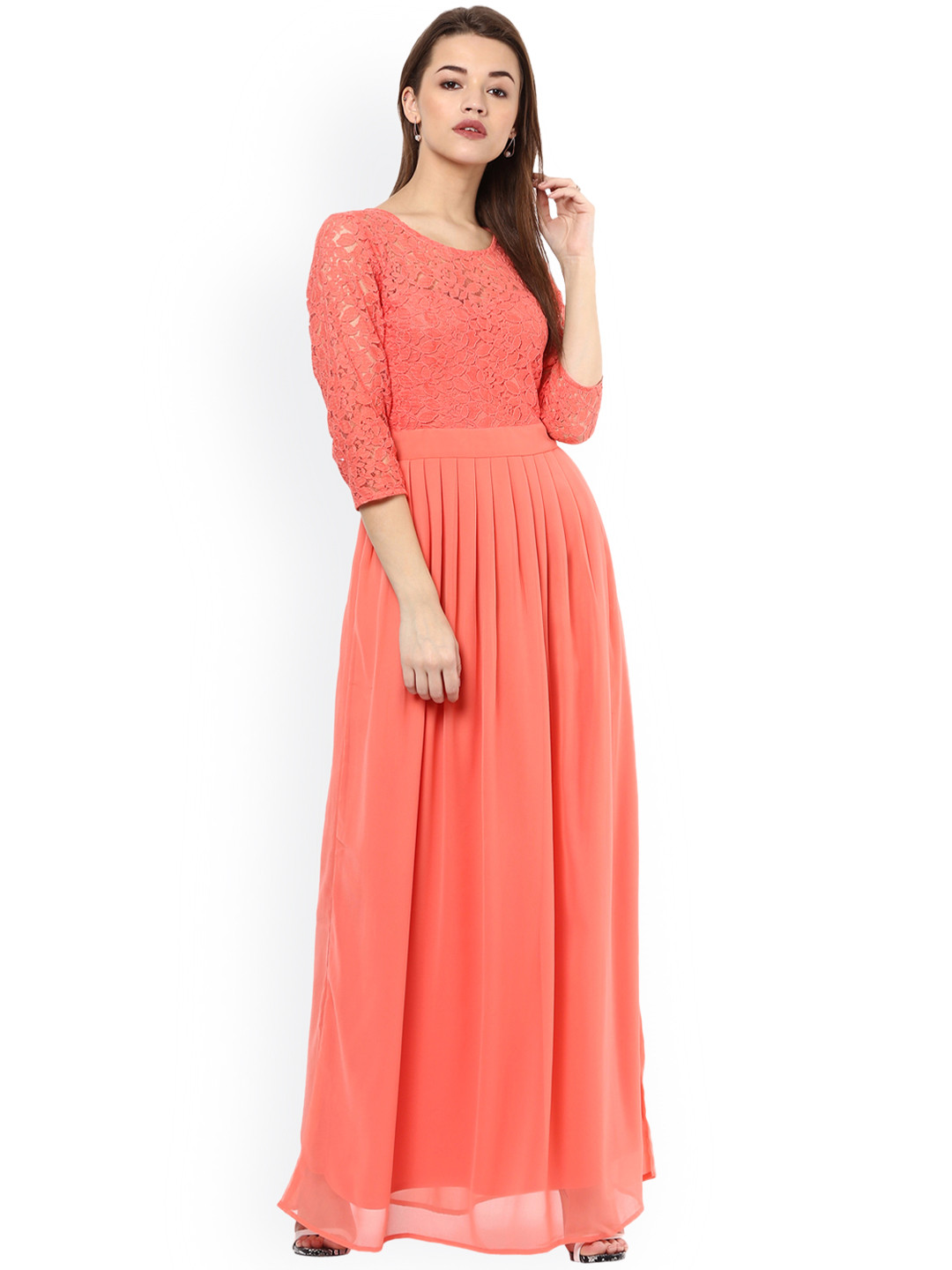 Buy La Zoire Women Peach Coloured Solid Maxi Dress - Dresses for Women ...