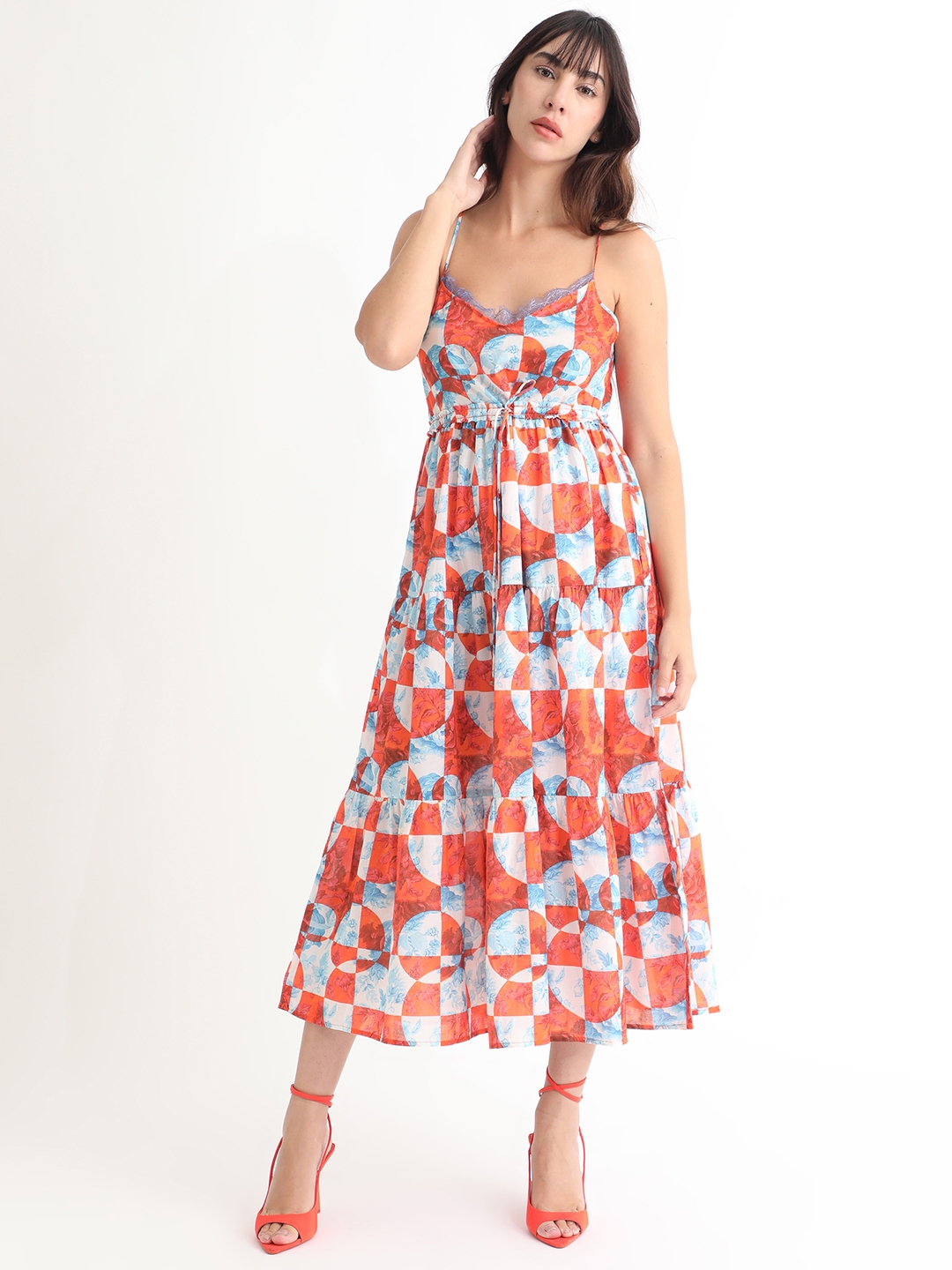 Buy Rareism Abstract Printed And Tie Up Detailed Cotton Fit And Flare