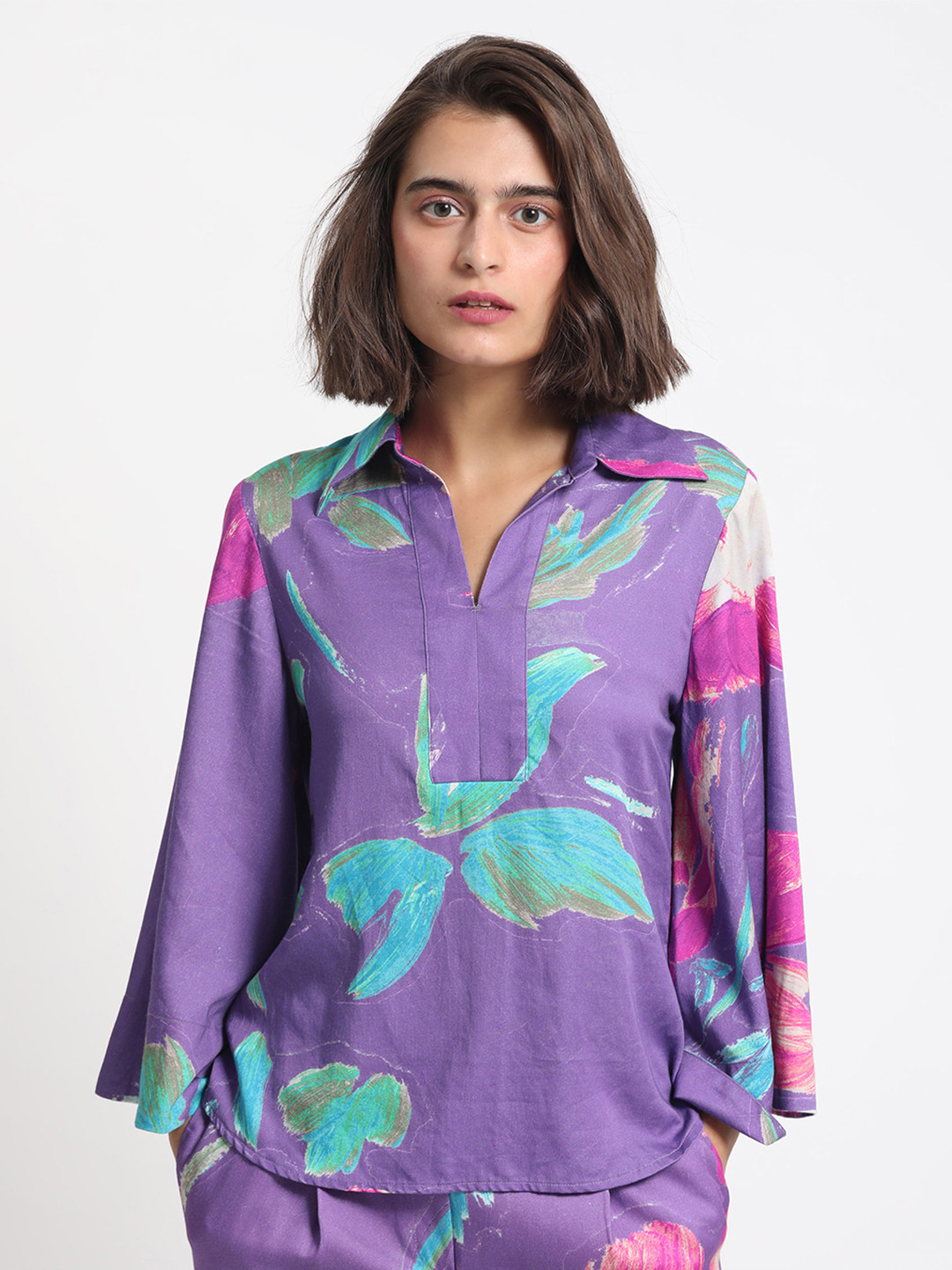 Buy RAREISM Abstract Printed Cotton Shirt Style Top - Tops for Women ...