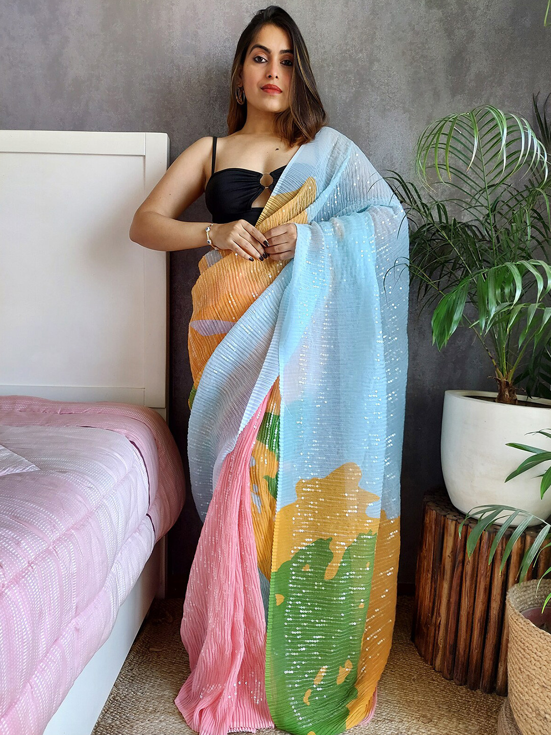 Buy ODETTE Embellished Sequinned Poly Georgette Saree - Sarees for ...