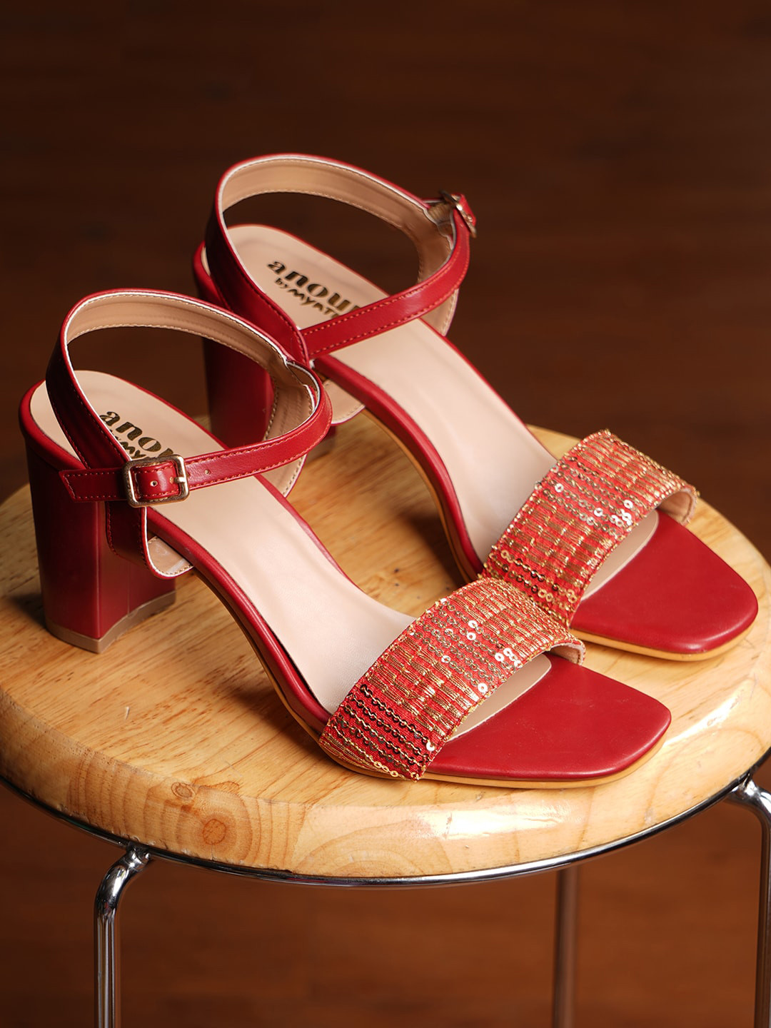 Buy Anouk Maroon And Gold Toned Embellished Block Heels - Heels for ...