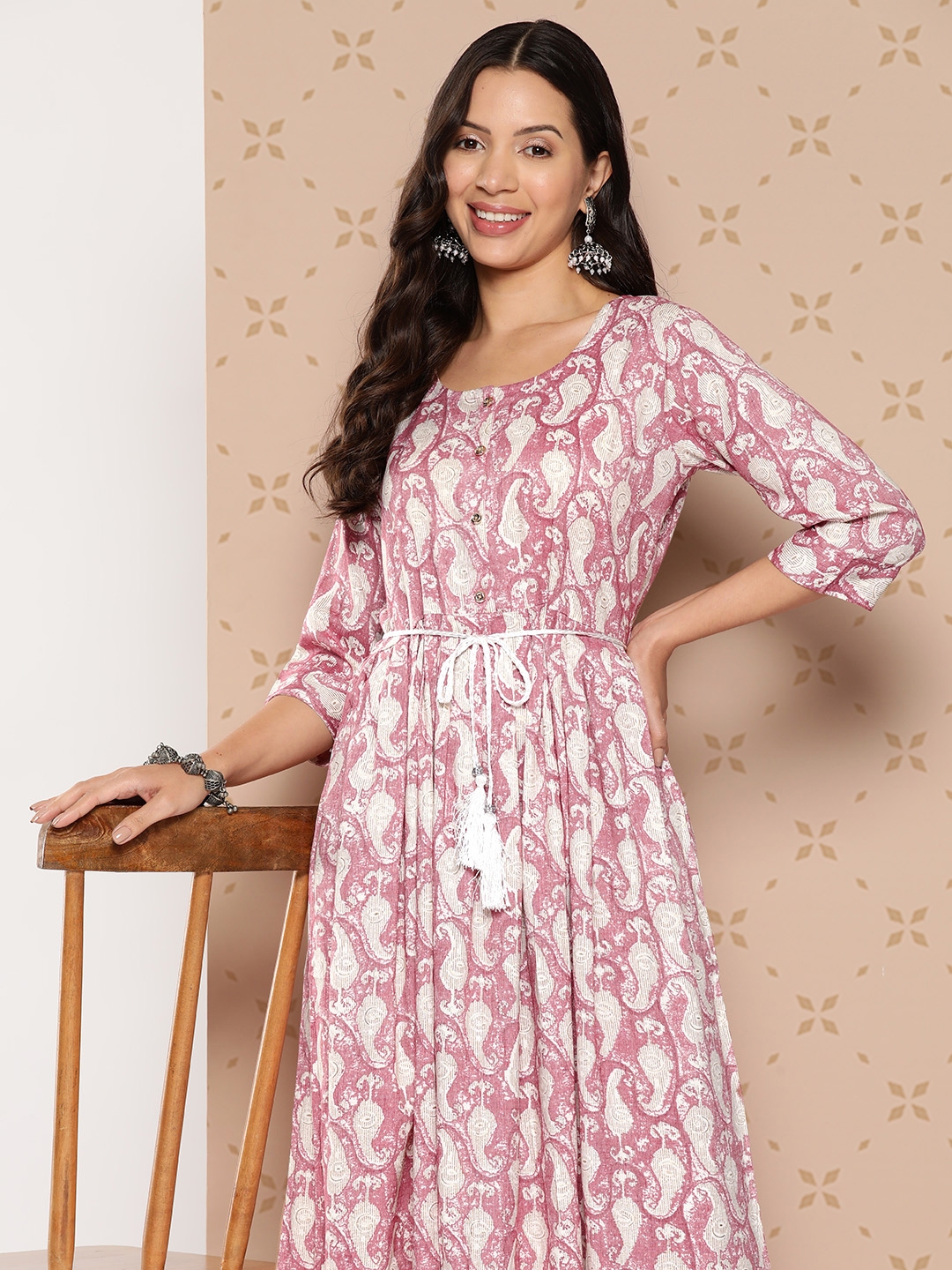 Buy Zola Ethnic Motifs Print A Line Midi Dress With Tie Ups Detail