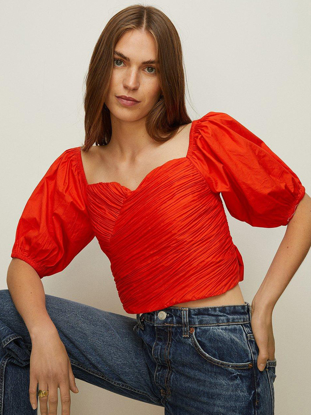 Buy OASIS Cotton Ruched Front Puff Sleeves Crop Top With Smocked Back ...