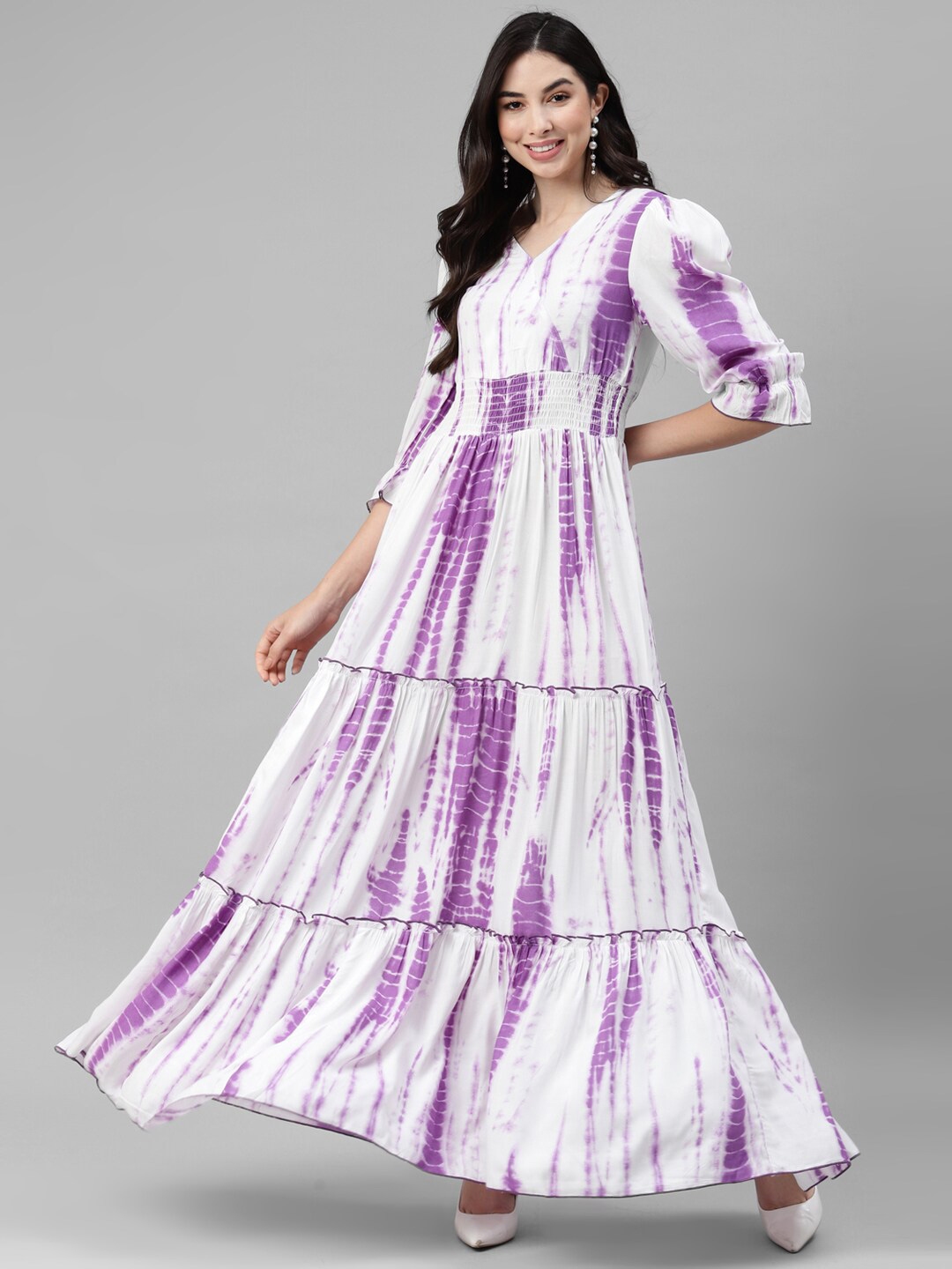 Buy Deebaco Tie And Dye V Neck Puff Sleeves Fit And Flare Maxi Dress