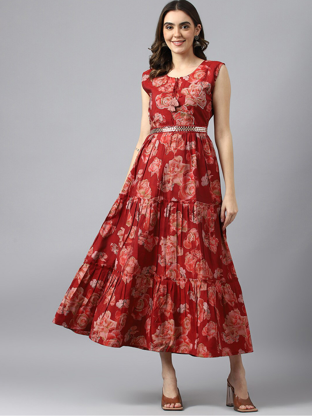 Buy Ishin Maroon Ethnic Motifs Print Maxi Dress - Dresses for Women ...