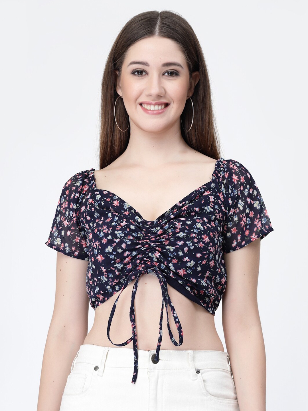 Buy Miss Ayse Black Floral Print Sweetheart Neck Georgette Crop Top
